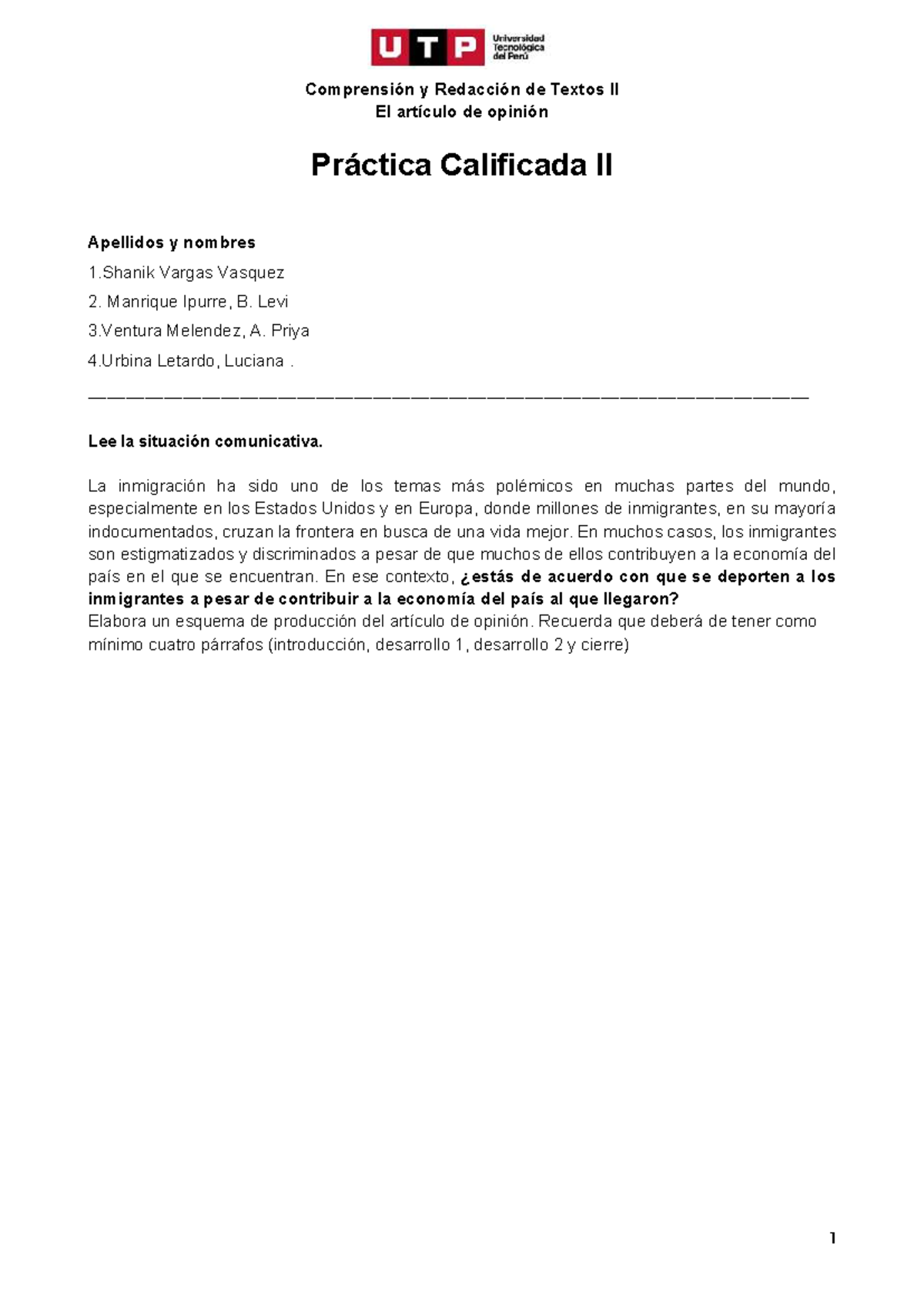 Artículo De Opinión Emigrantes Y Deportación Práctica Calificada Ii