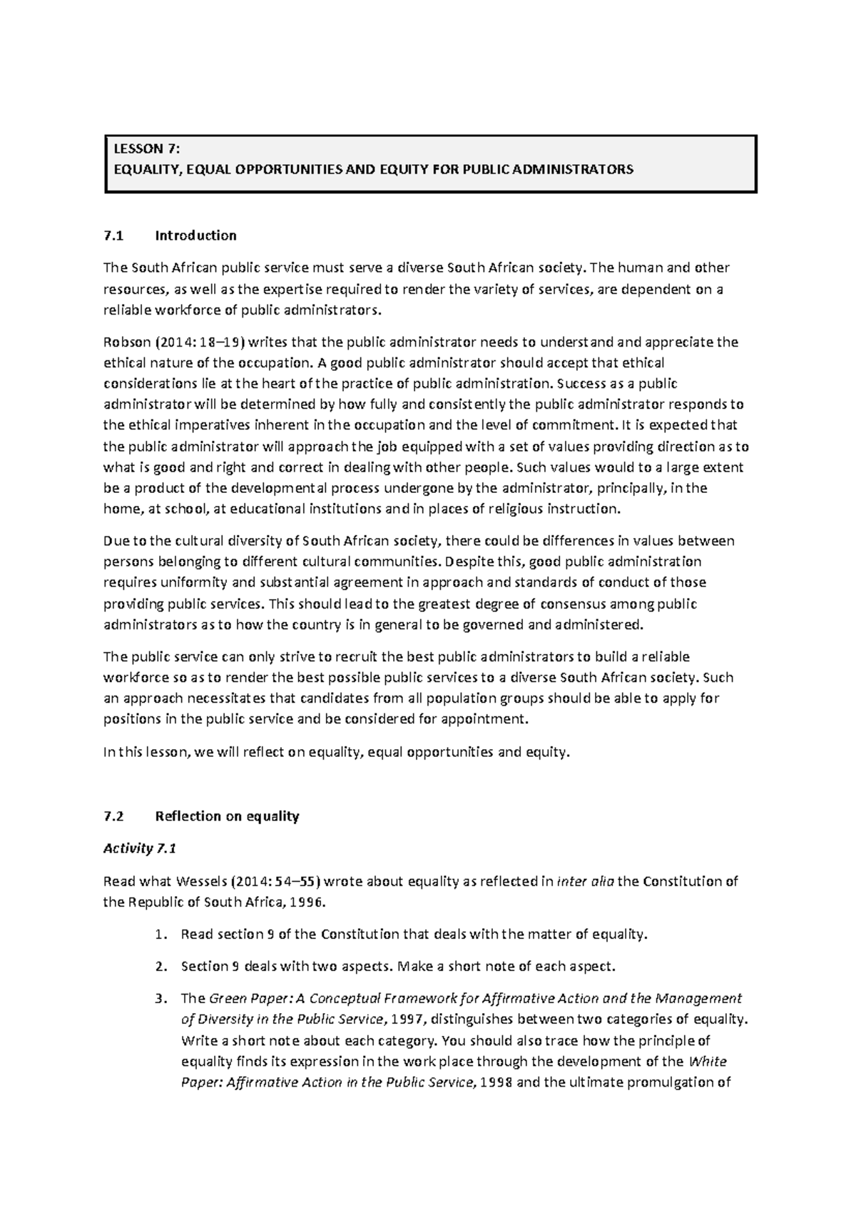 Study Guide One Lesson 7 - LESSON 7: EQUALITY, EQUAL OPPORTUNITIES AND ...