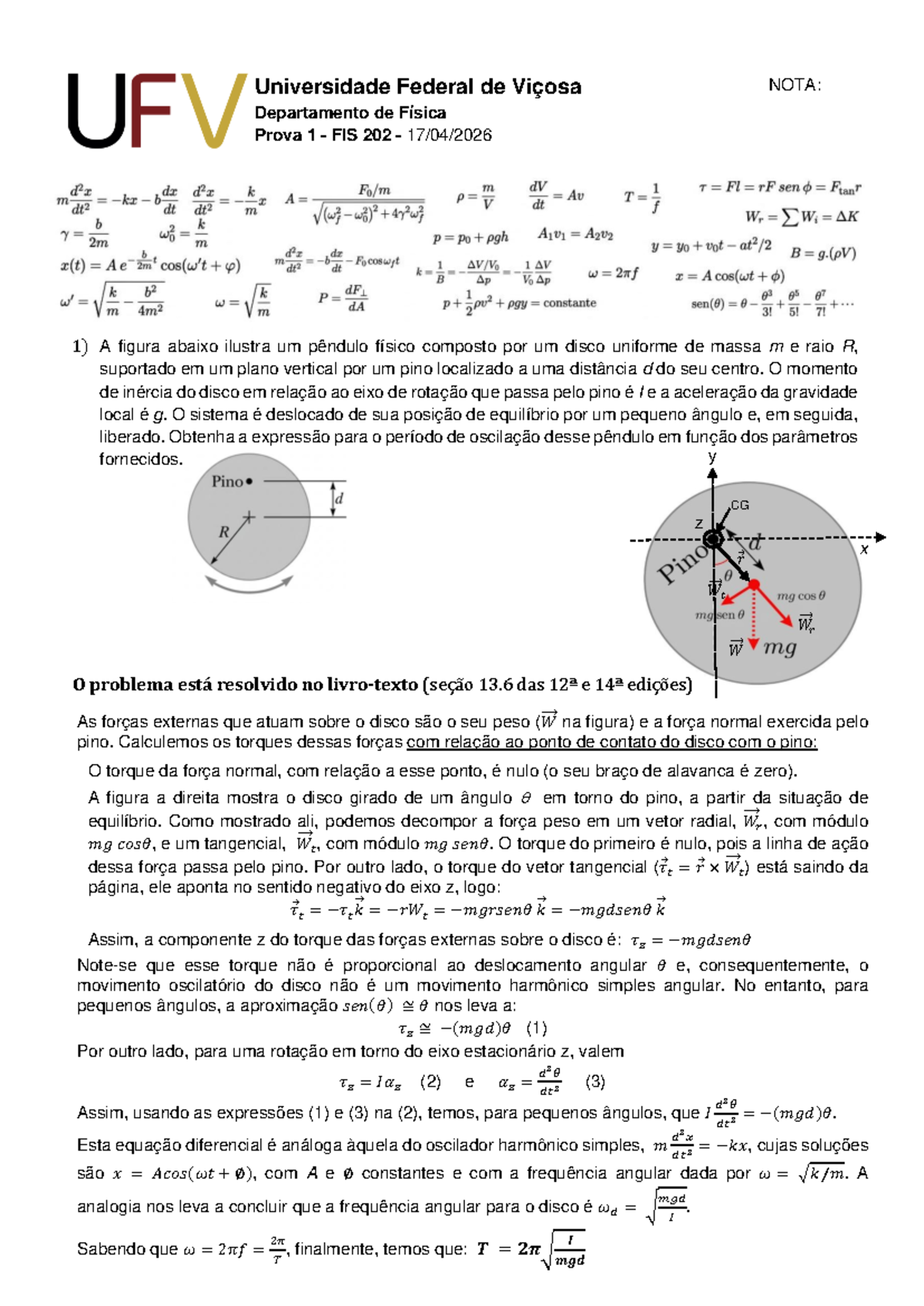 P1 2026-1 Gabarito: Oscilações e Dinâmica do Pêndulo FIS 202 - Studocu