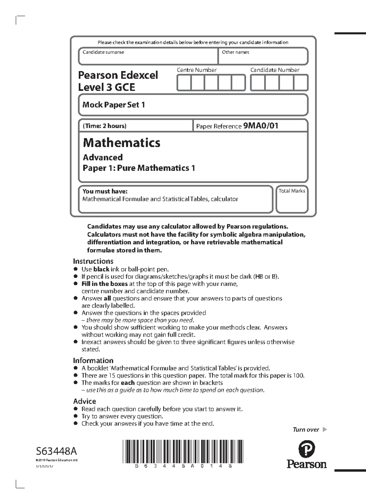 A Level Mathematics (Edexcel) Pure 1 Mock Paper Set 1 - Studocu