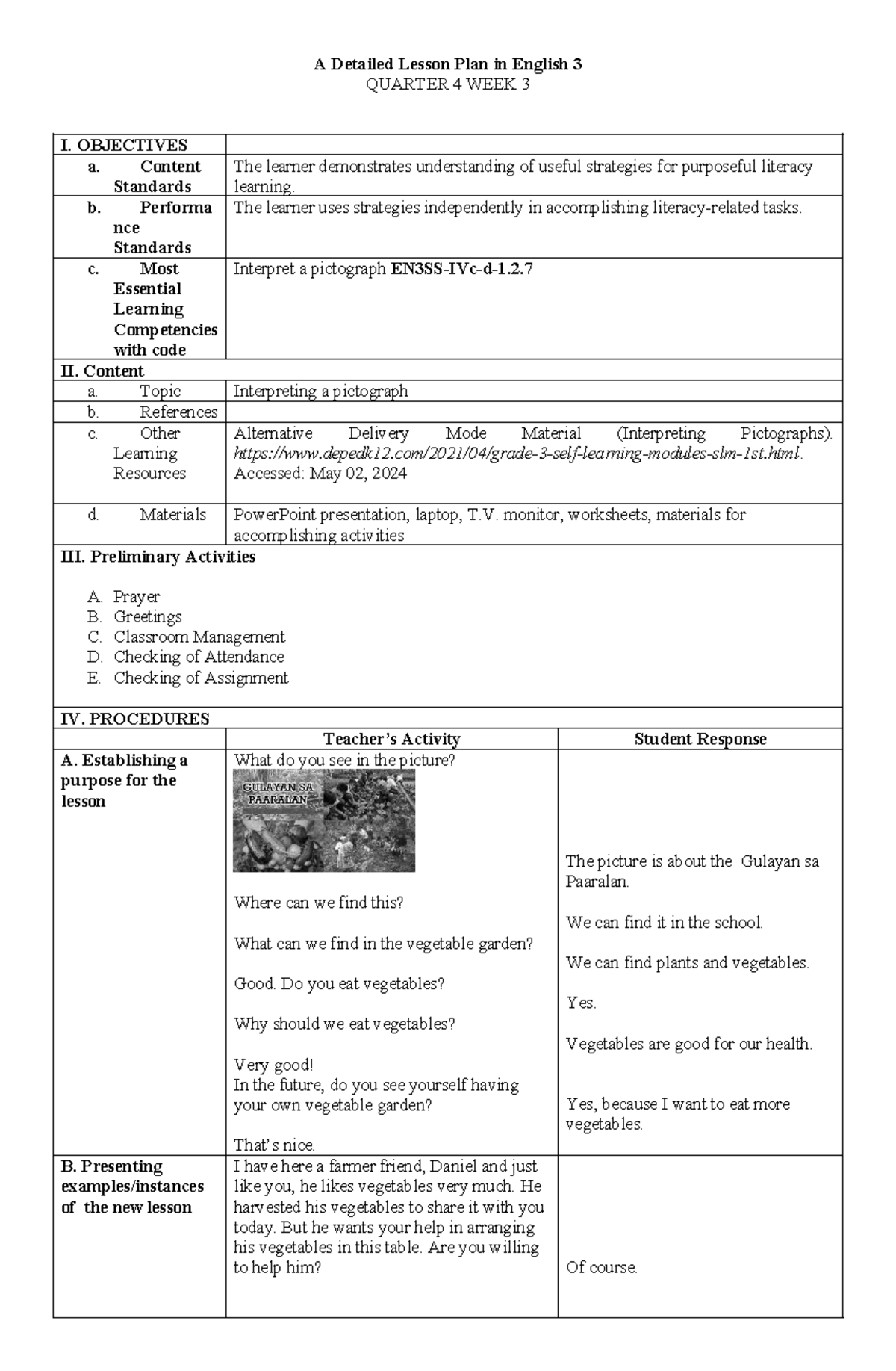 Q4 ENG 3 Detailed Lesson Plan: Interpreting a Pictograph - Studocu