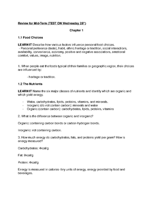 Nutrition - Midterm answer sheet. Chapters 1-8 - Midterm Exam Study Guide Chapter 1- Chapter 1 ...