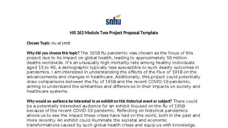 HIS 262 Module Two Project Proposal: The 1918 Flu Pandemic Impact - Studocu