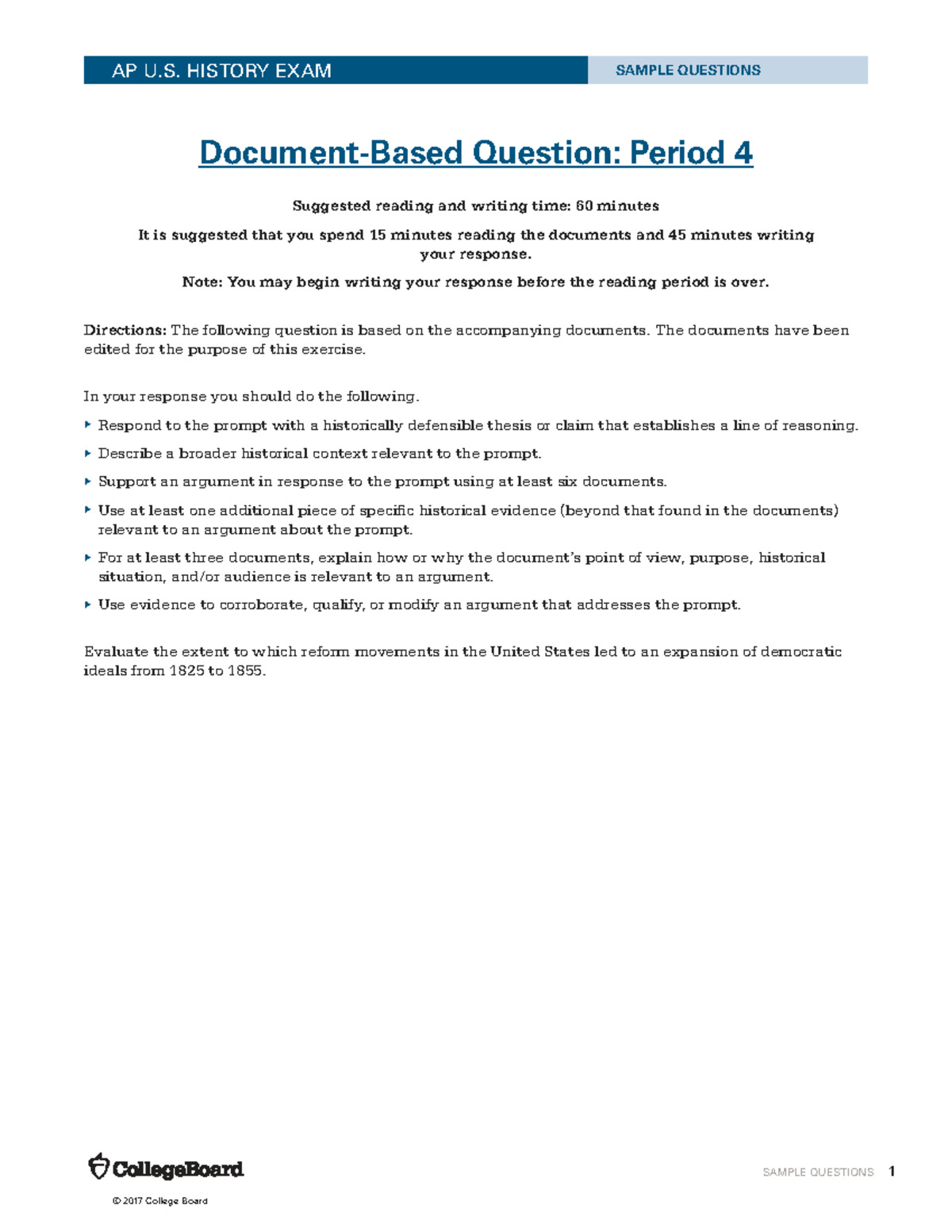 AP U.S. HISTORY DBQ: Reform Movements & Democratic Ideals (1825-1855 ...