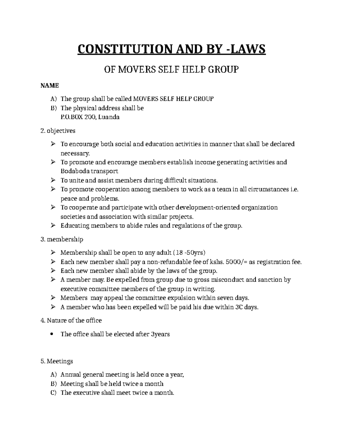 Movers Self Help Group Constitution and Membership Guidelines - Studocu