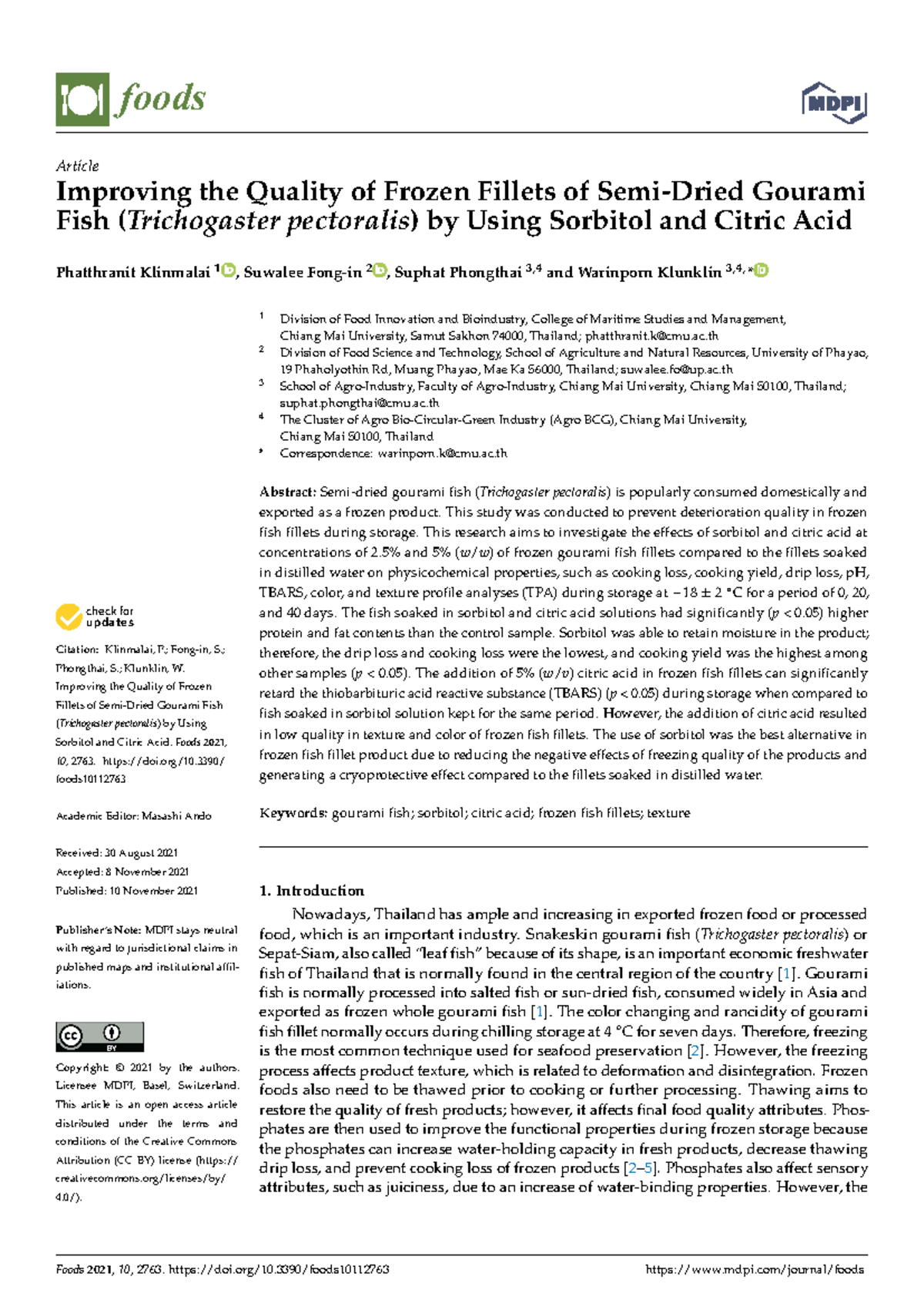 (5) Enhancing Frozen Semi-Dried Gourami Fillet Quality with Additives ...
