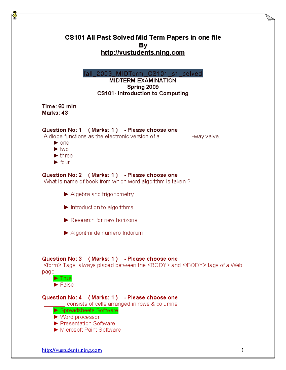 Exam June 2018, questions and answers - CS101 All Past Solved Mid Term Papers in one file By ...