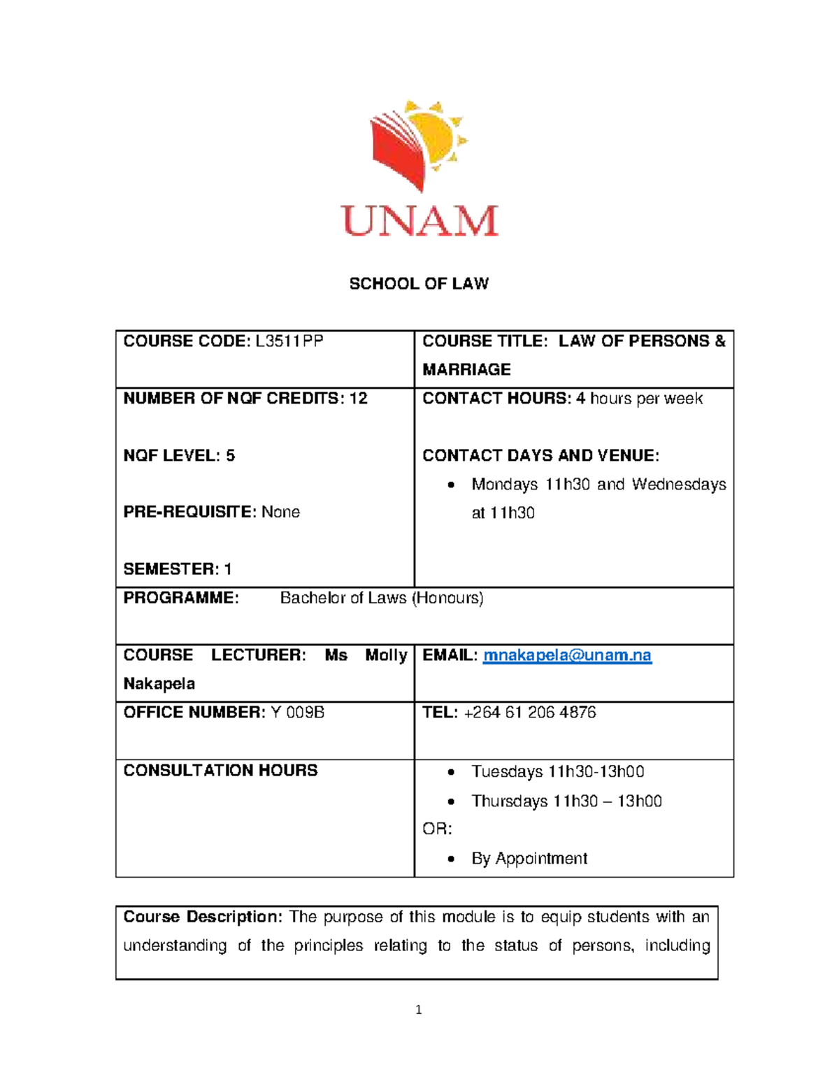 L3511PP Law of Persons: Marriage Course Outline 2025 - Studocu