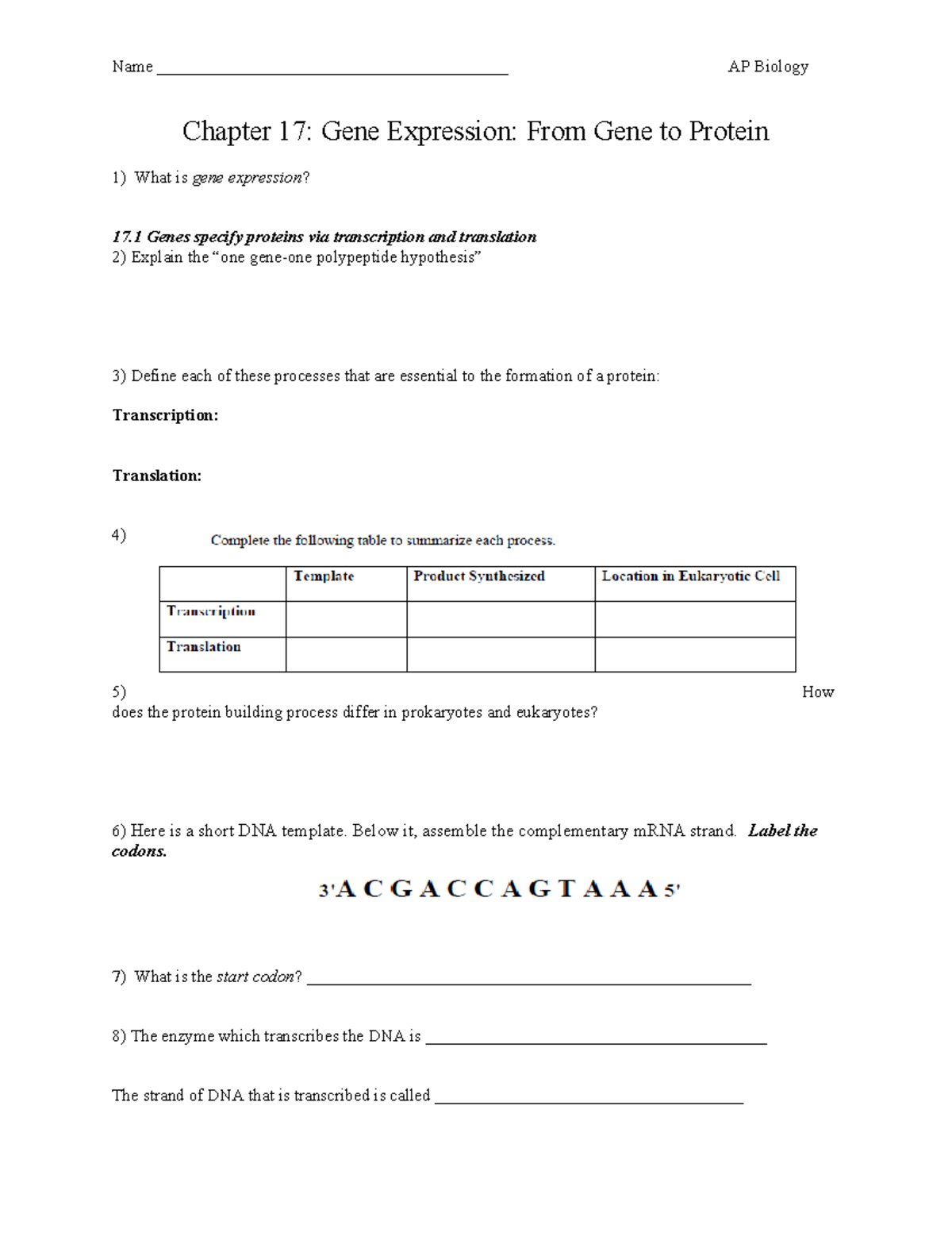 AP Biology Gene Expression 17 - Name ...