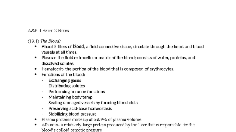 A&P II Exam 2 Notes: The Blood and Erythrocytes Overview - Studocu