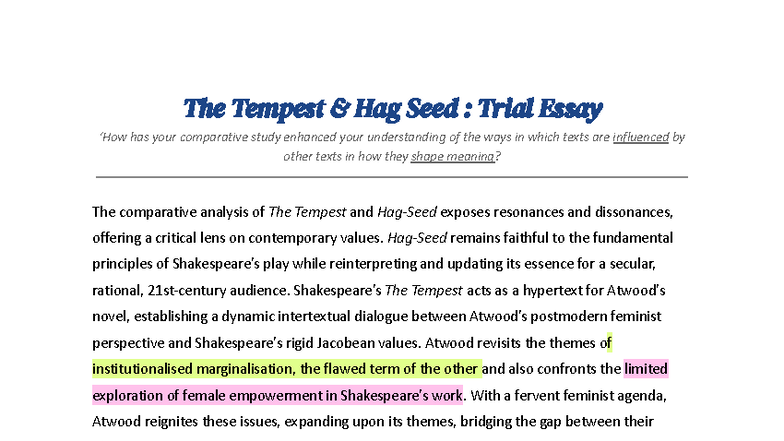 Tempest & Hag Seed: Band 6 Module A Comparative Essay Analysis - Studocu