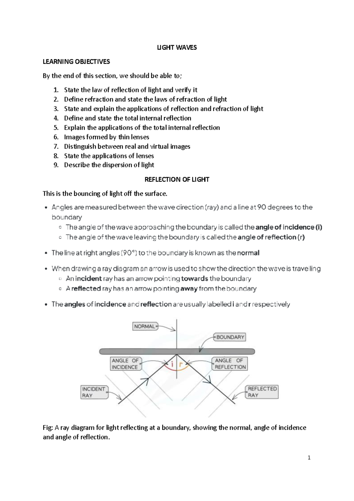 Light Waves - other notes - LIGHT WAVES LEARNING OBJECTIVES By the end ...