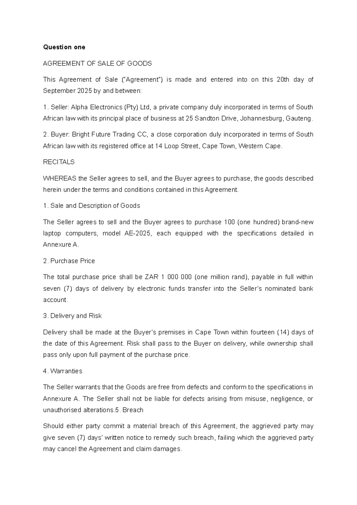 Commercial Law Assignment: Agreement of Sale of Goods (2025) - Studocu