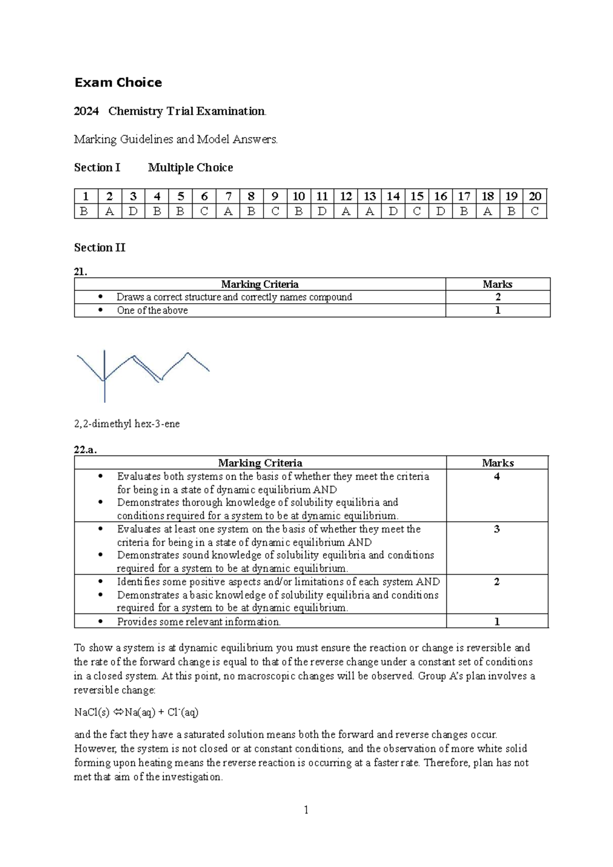 Marking Guidelines and Model Answers for Chemistry Trial Exam 2024 ...