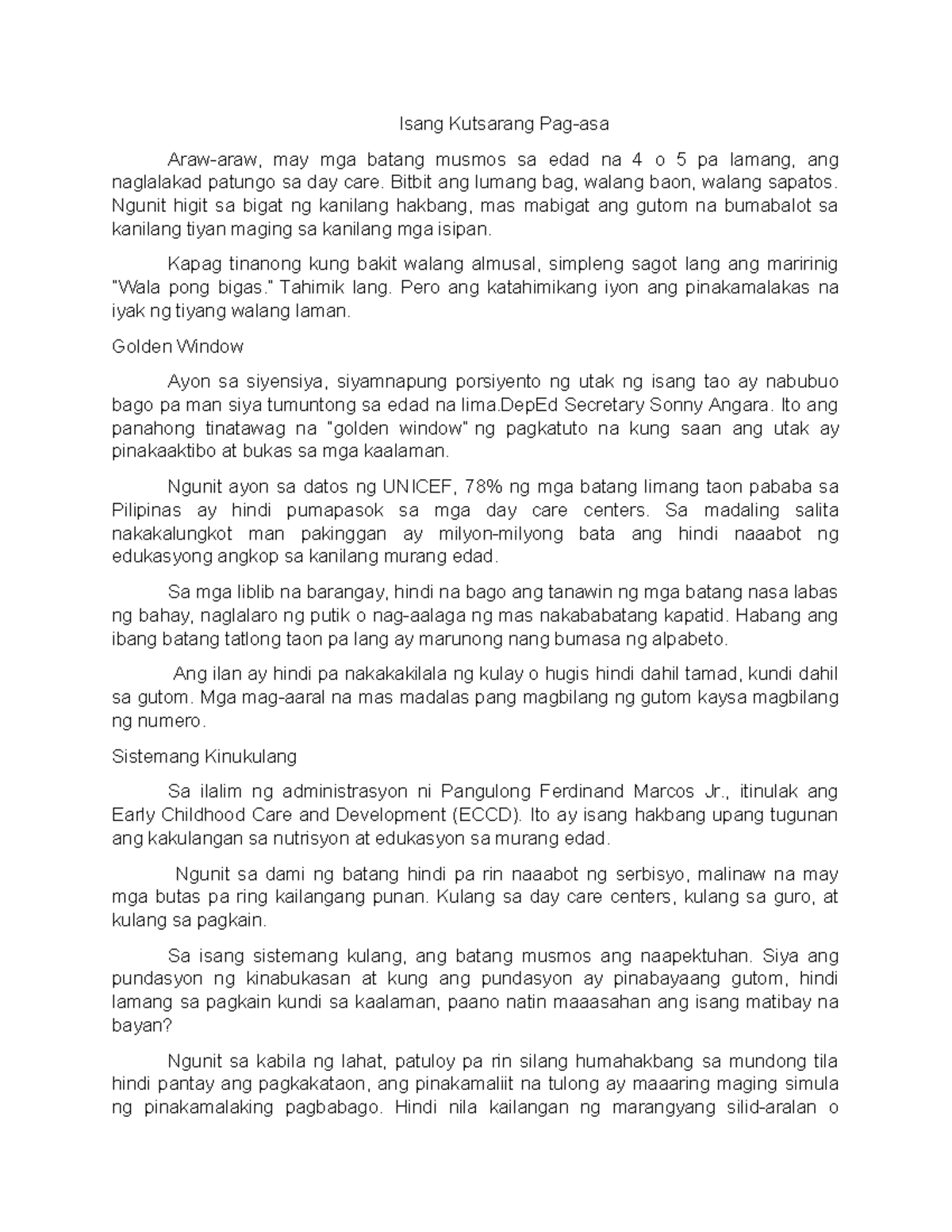 Isang Kutsarang Pag-asa: Edukasyon at Nutrisyon ng mga Batang Musmos ...