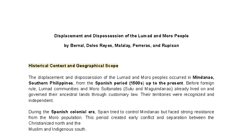 Displacement and Dispossession of Lumad and Moro Peoples: A Historical ...