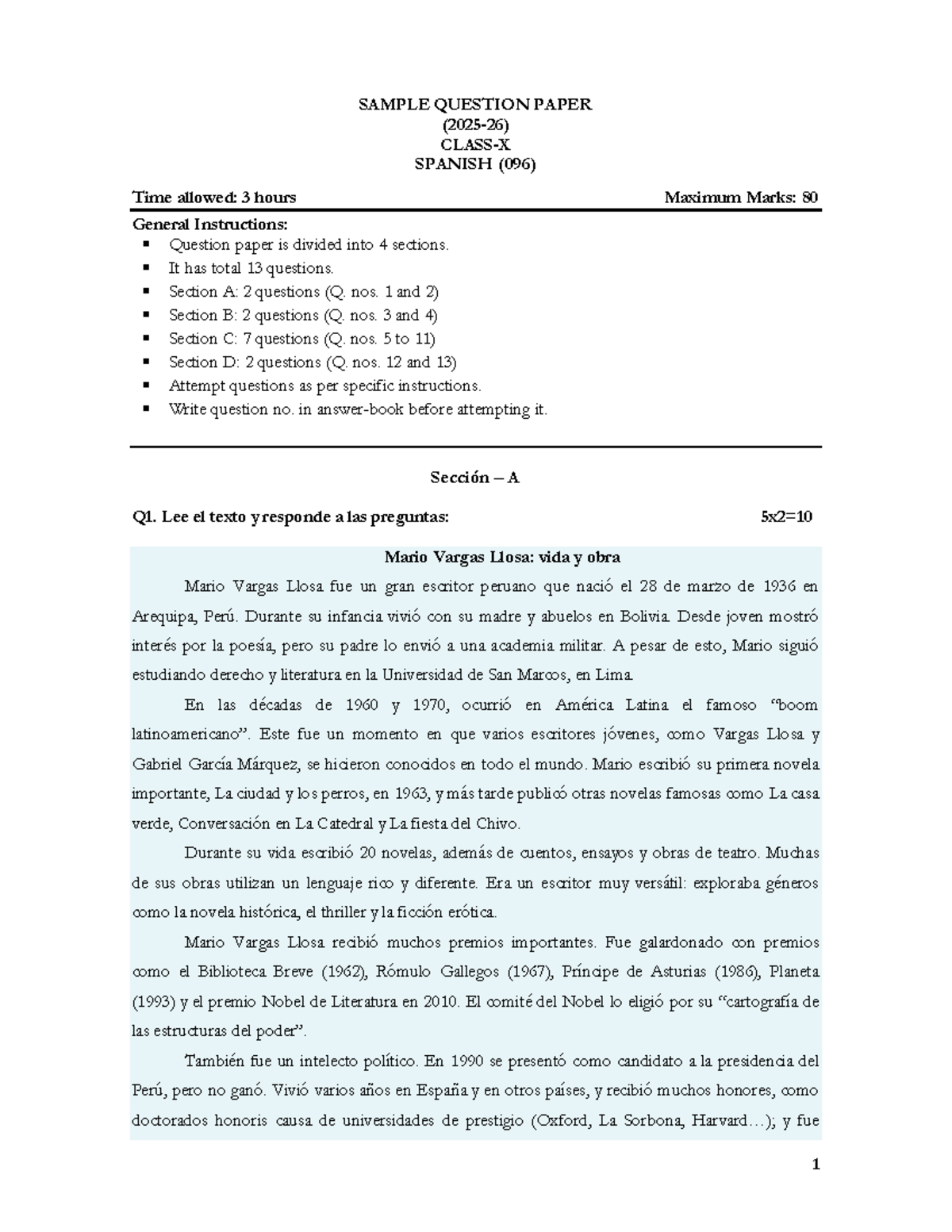 Spanish Sample Question Paper (096) - 3 Hours, 80 Marks - Studocu