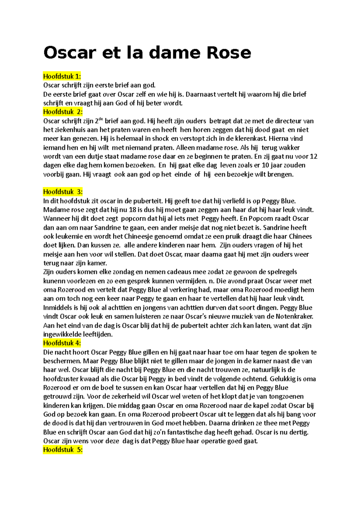Oscar et la dame Rose - Boekverslag en Analyse van Hoofdstukken - Studocu