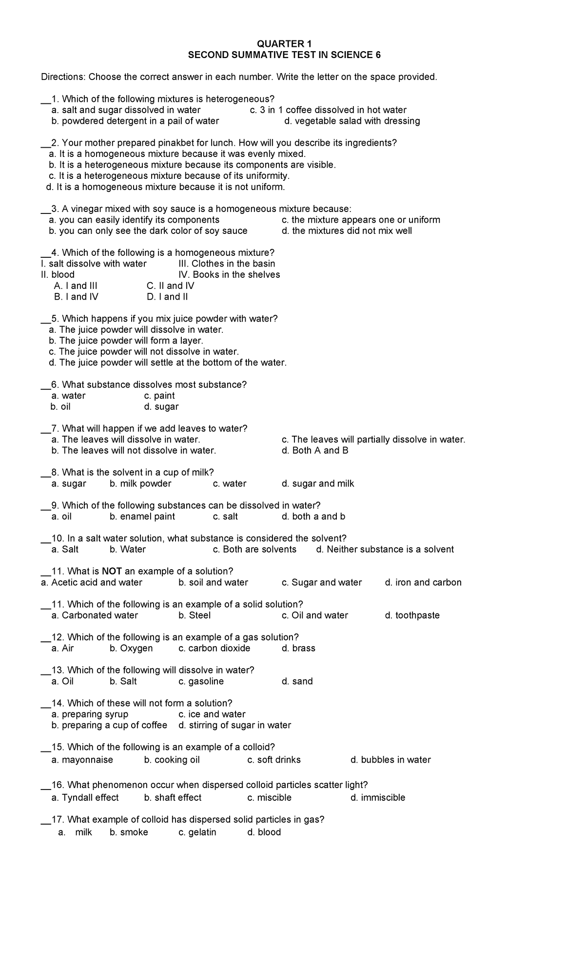 First Summative Test in Science 6 - Quarter 1 - Studocu