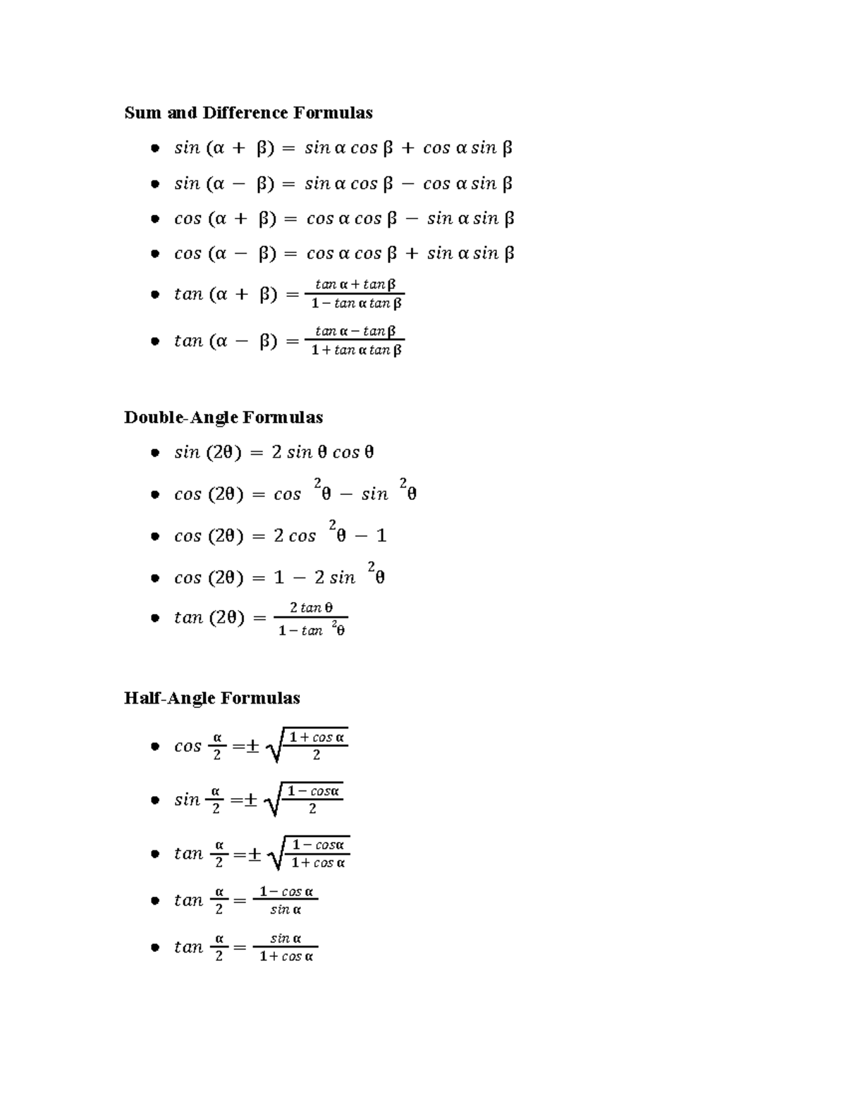 Trig Formulas: Sum and Difference Formulas for Sine and Cosine - Studocu