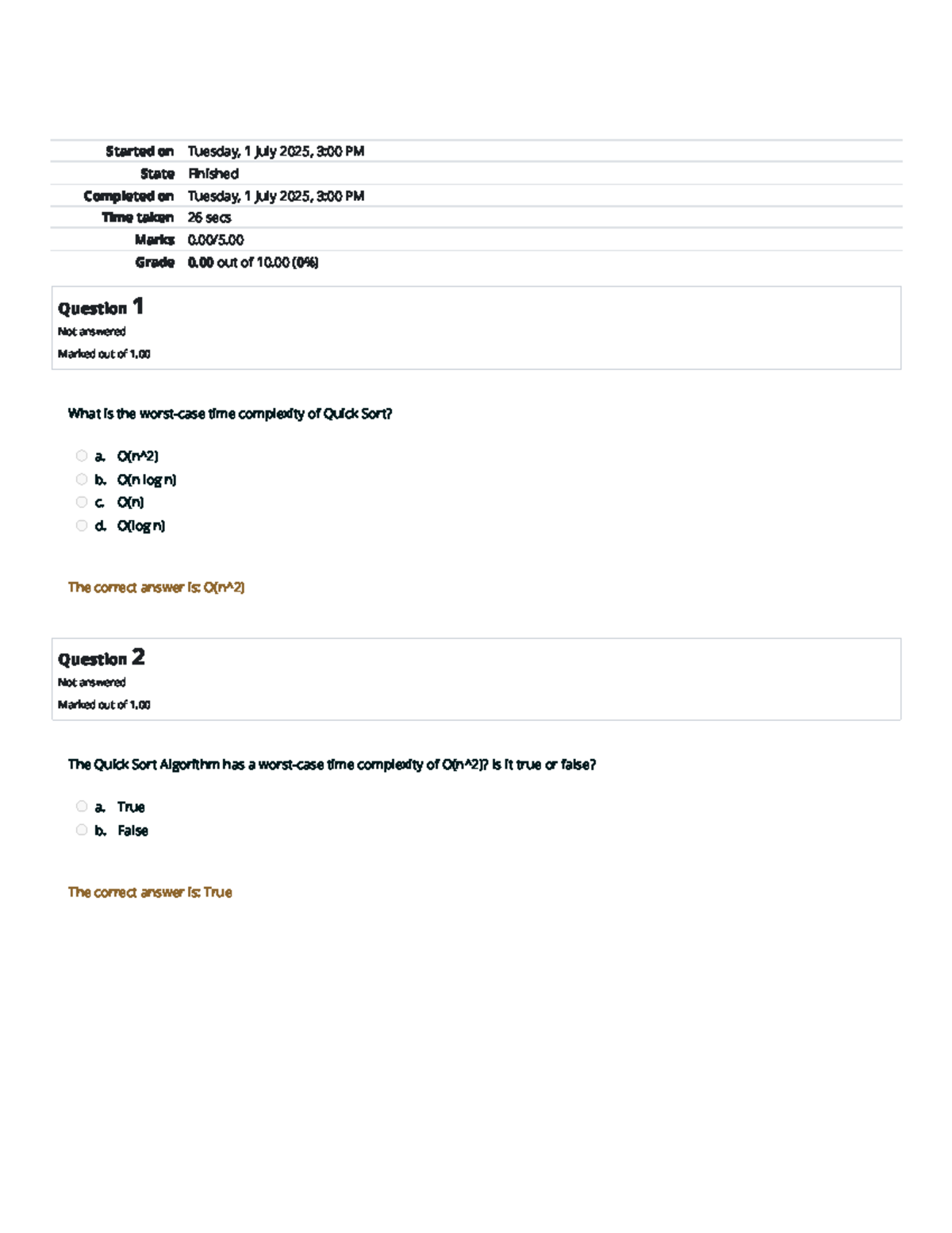 Self-Quiz Unit 2: Quick Sort Time Complexity Review - Studocu