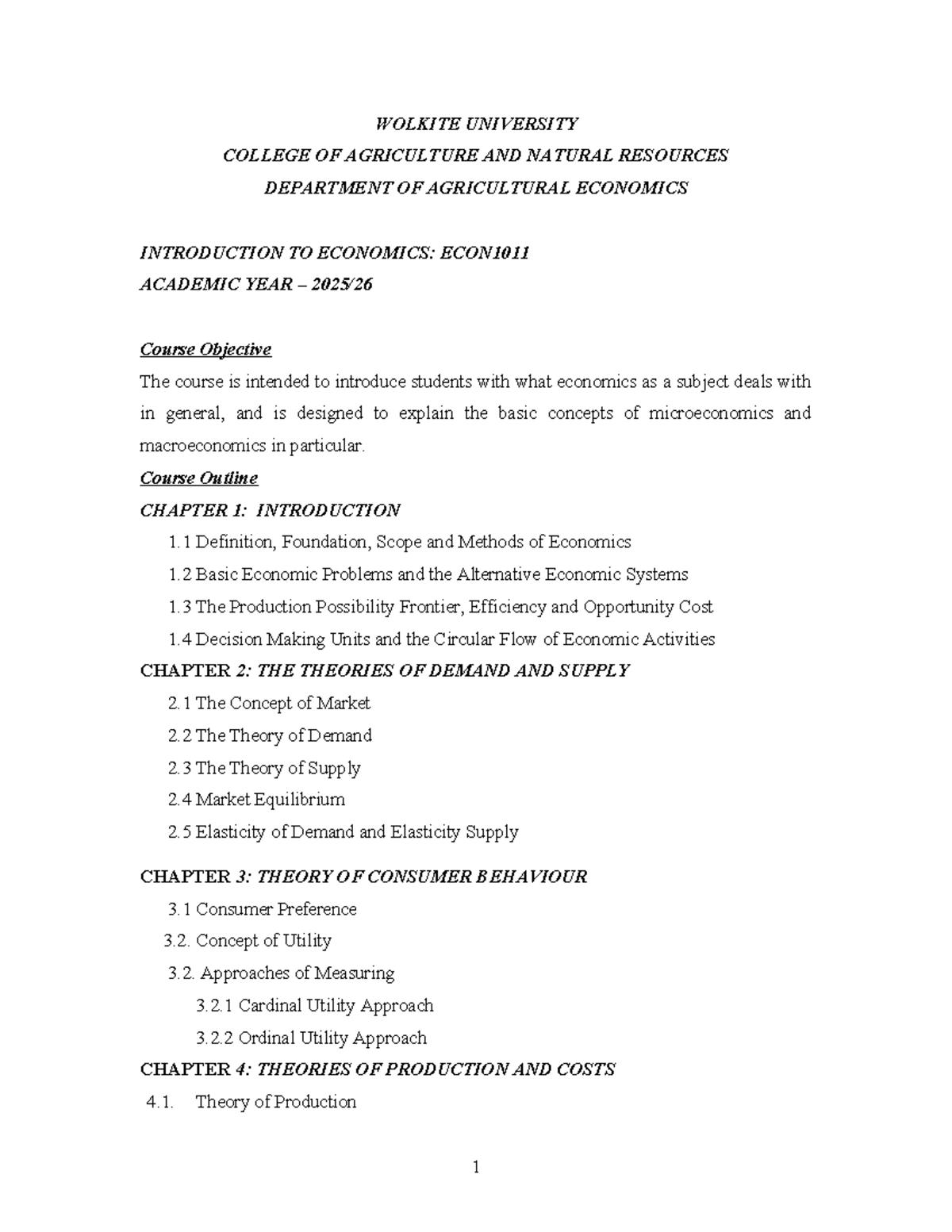 Econ 1011 Course Outline: Introduction to Economics at Wolkite ...