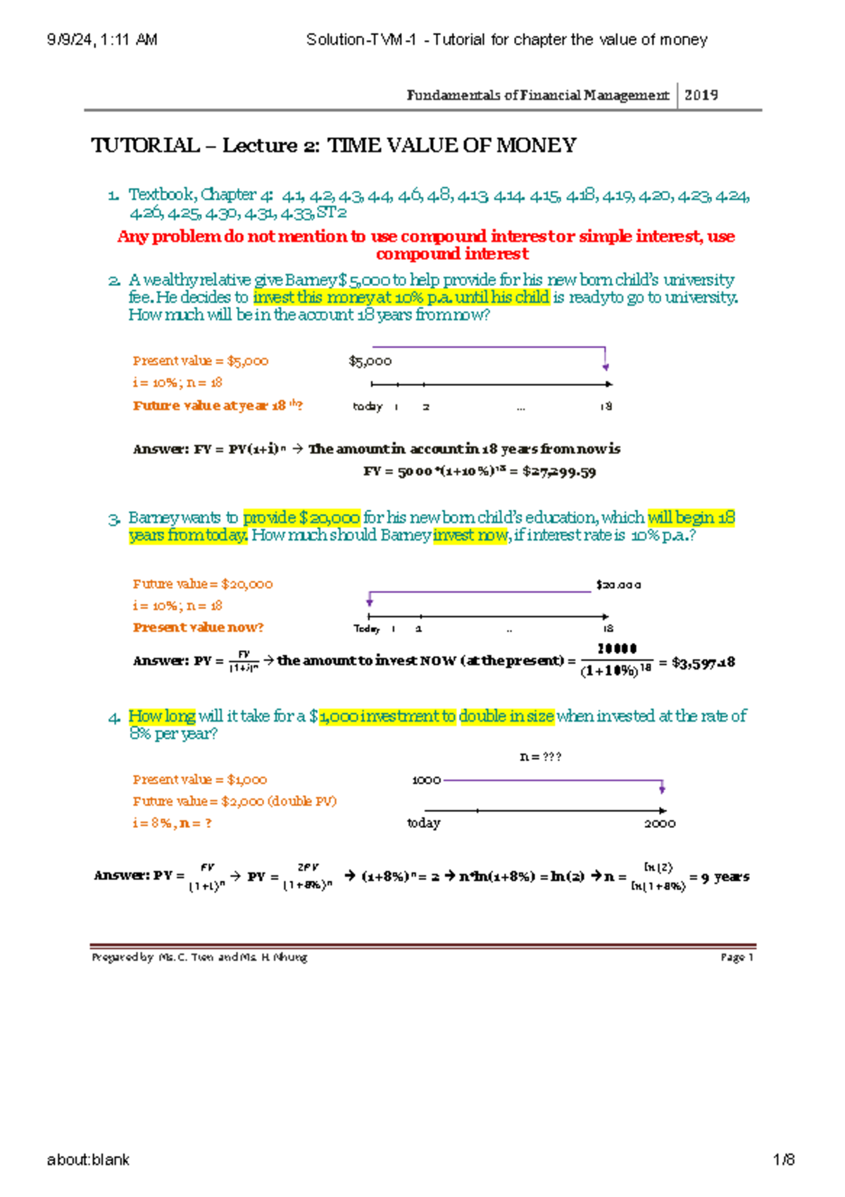 Solution-TVM-1 - Tutorial for chapter the value of money - Fundamentals ...