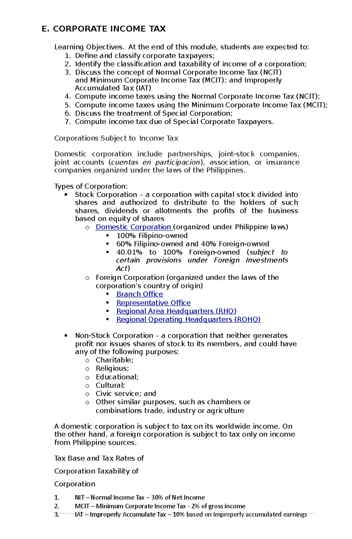 Module 5 Corporate Income TAX - E. CORPORATE INCOME TAX Learning ...