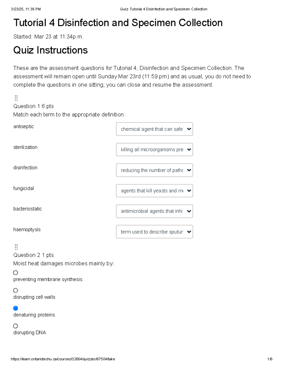 Quiz: Tutorial 4 - Disinfection & Specimen Collection (11:39 PM) - Studocu