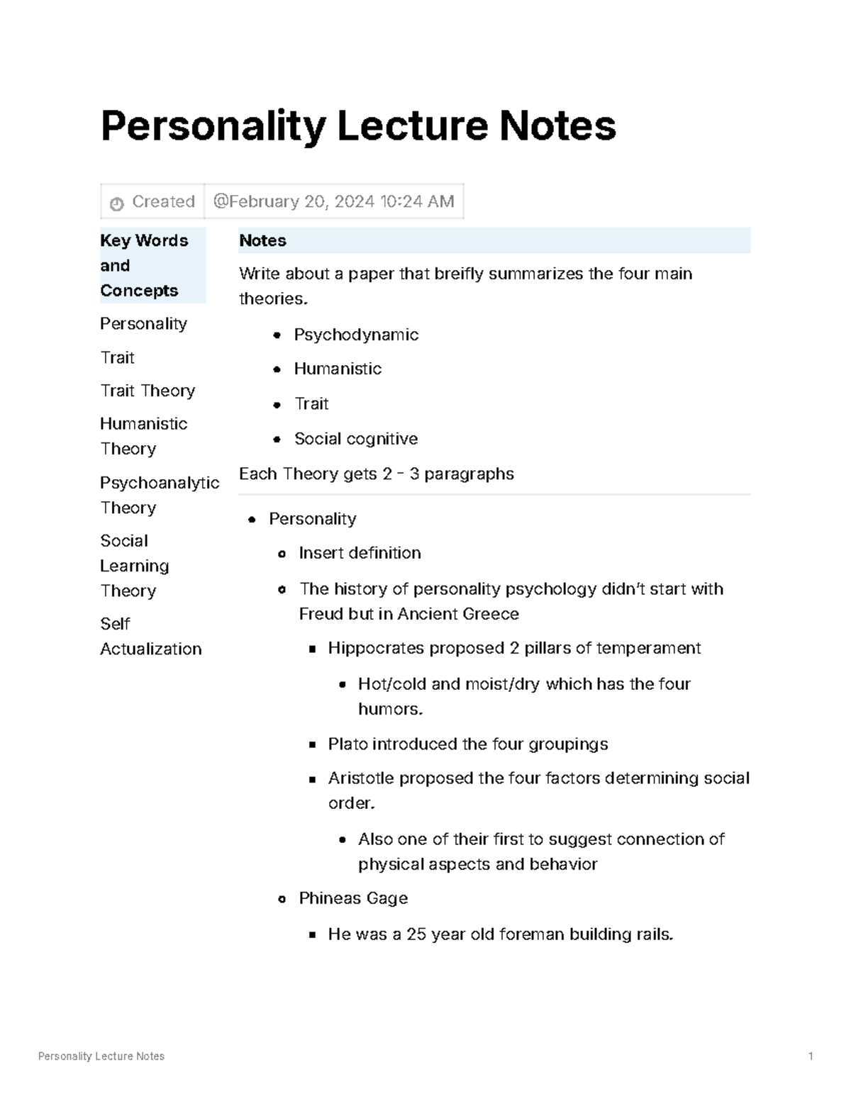 Personality Psychology Lecture Notes - Personality Lecture Notes ...