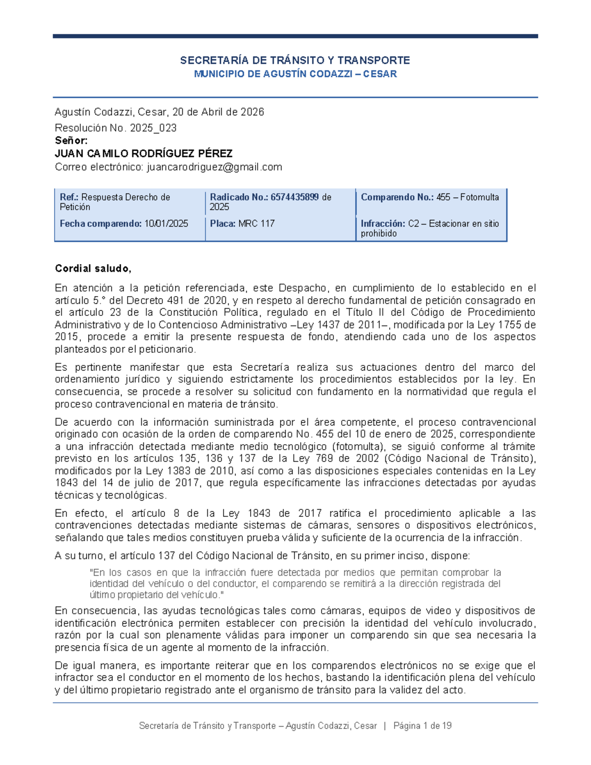 Respuesta a Derecho de Petición - Comparendo No. 455 - Agustín Codazzi ...