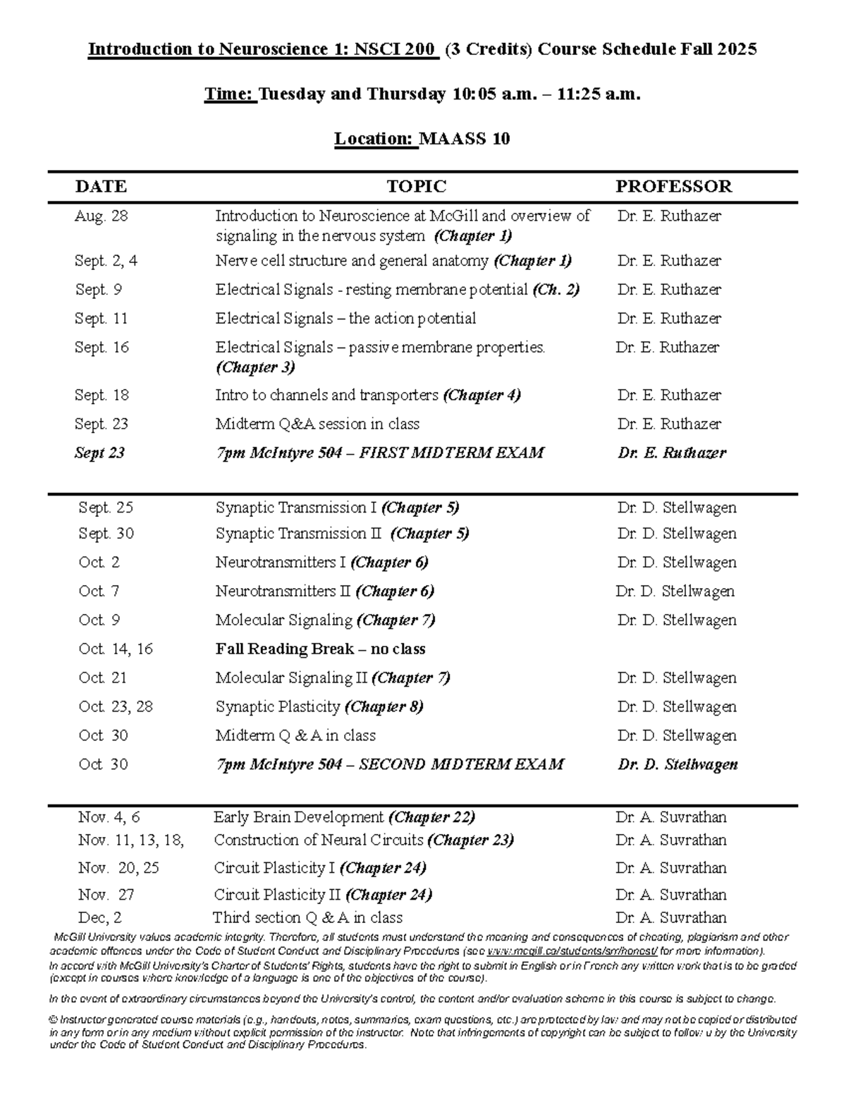 NSCI 200: Introduction to Neuroscience Lecture Schedule Fall 2025 - Studocu