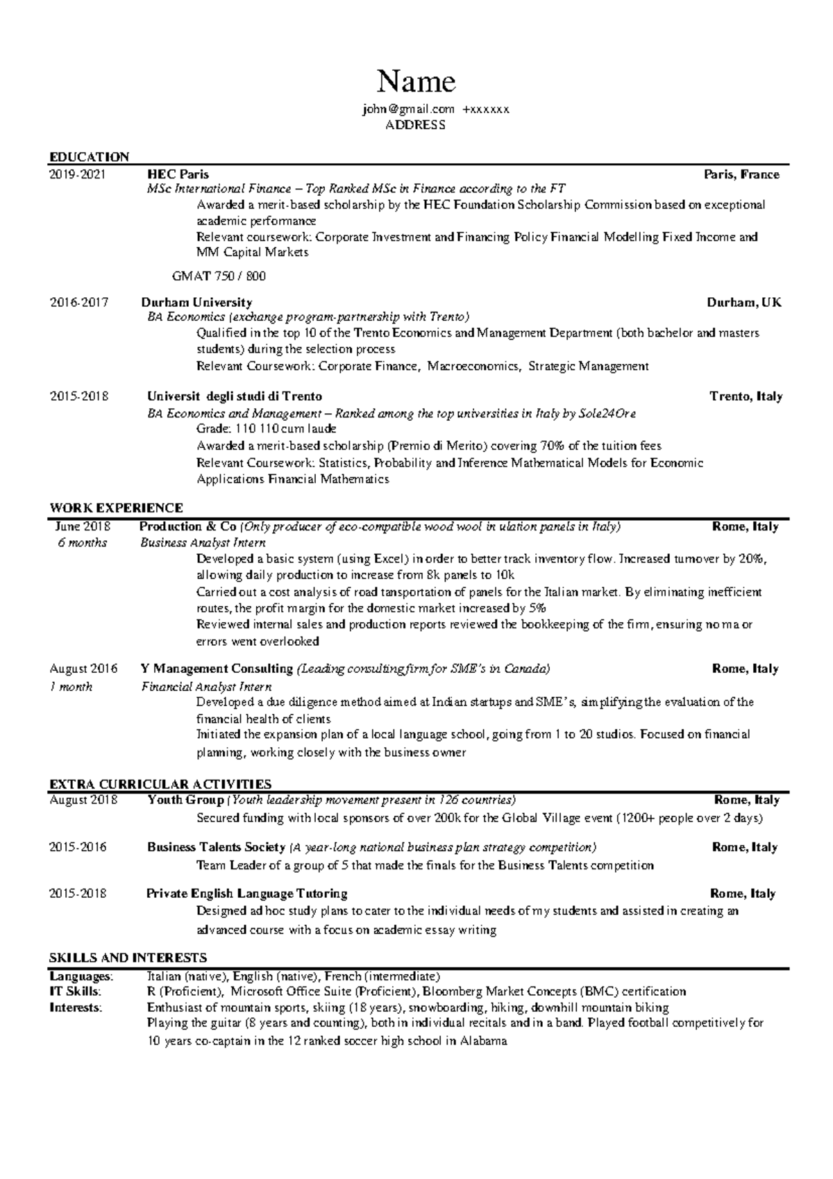 Goldman Sachs CV Template - MSc International Finance & BA Economics ...