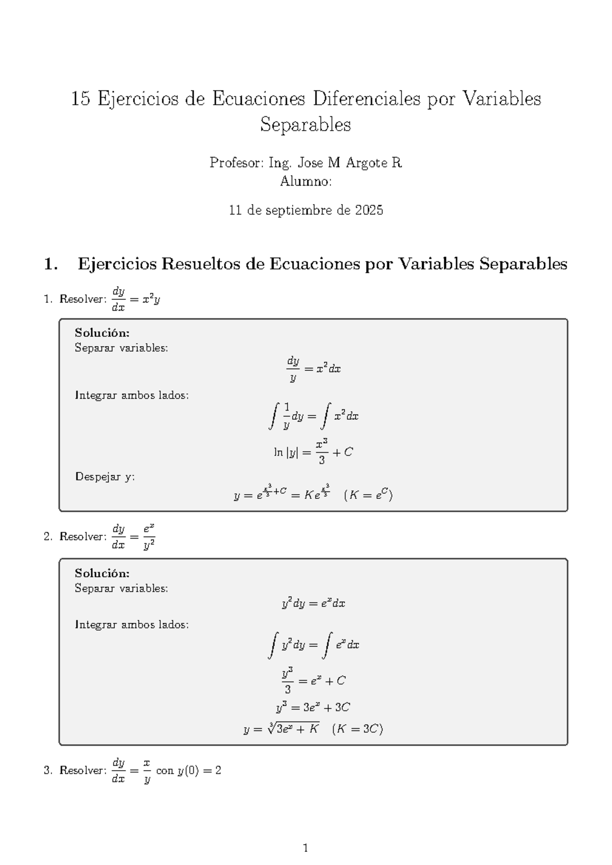 Ejercicios de Ecuaciones Diferenciales: Variables Separables (ECUDIF) - Studocu