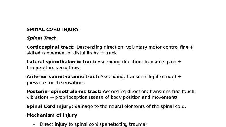 SPINAL & HEAD INJURIES: Mechanisms, Pathology, and Complications - Studocu