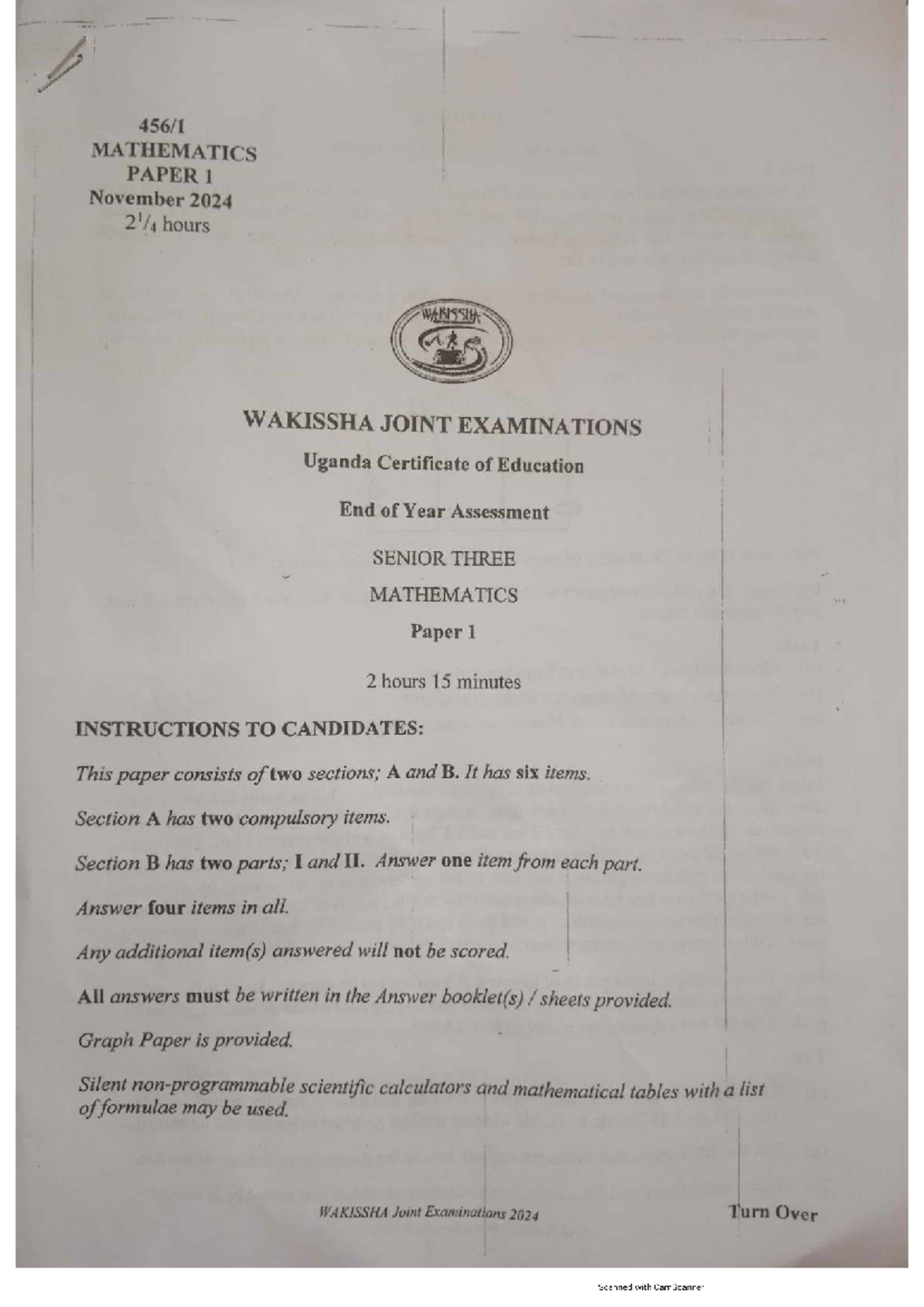 WAKISSHA S.3 MATHEMATICS END OF YEAR EXAMINATION 2024 - Studocu