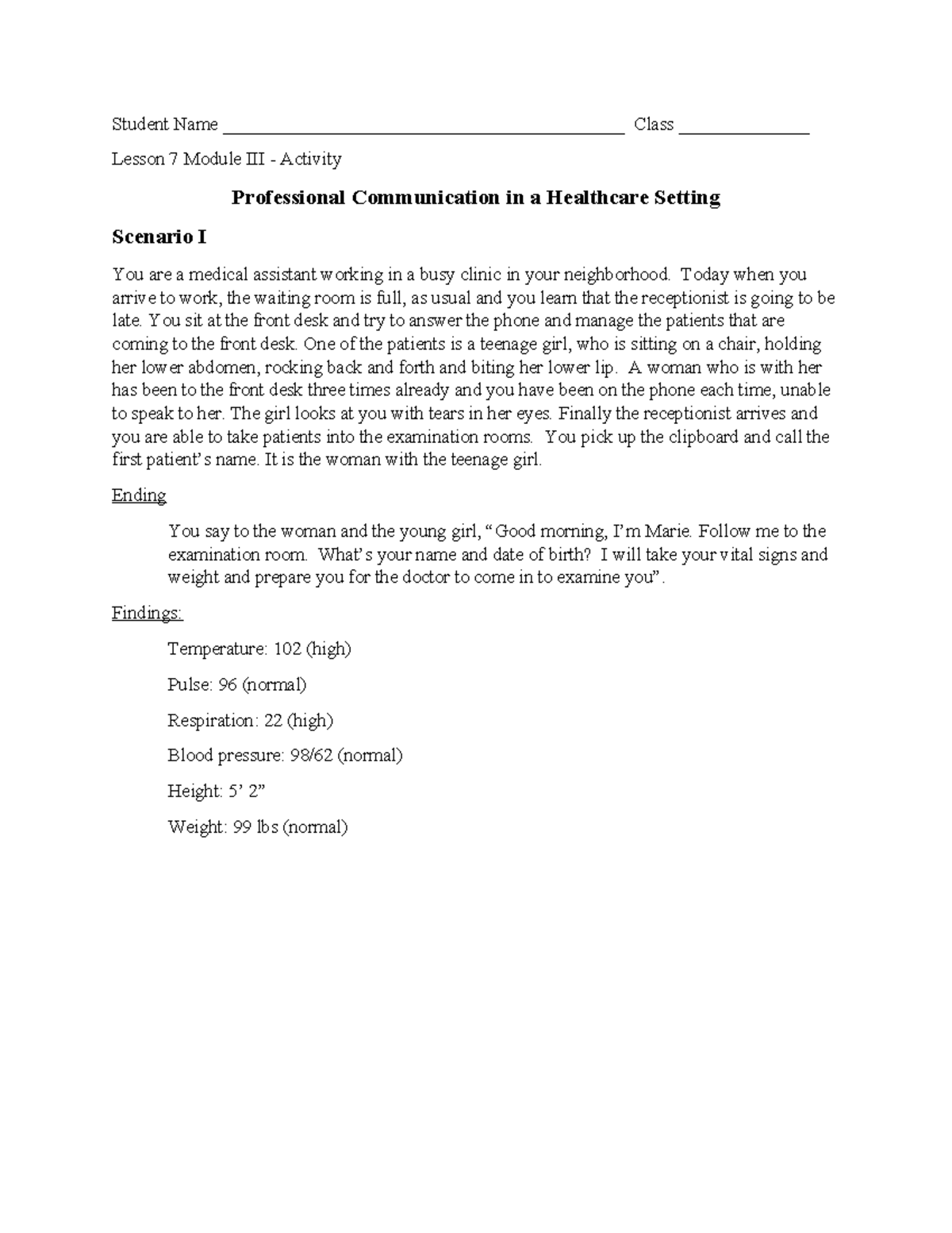 Activity 2: Scenario on Professional Comm in Healthcare Setting - Studocu