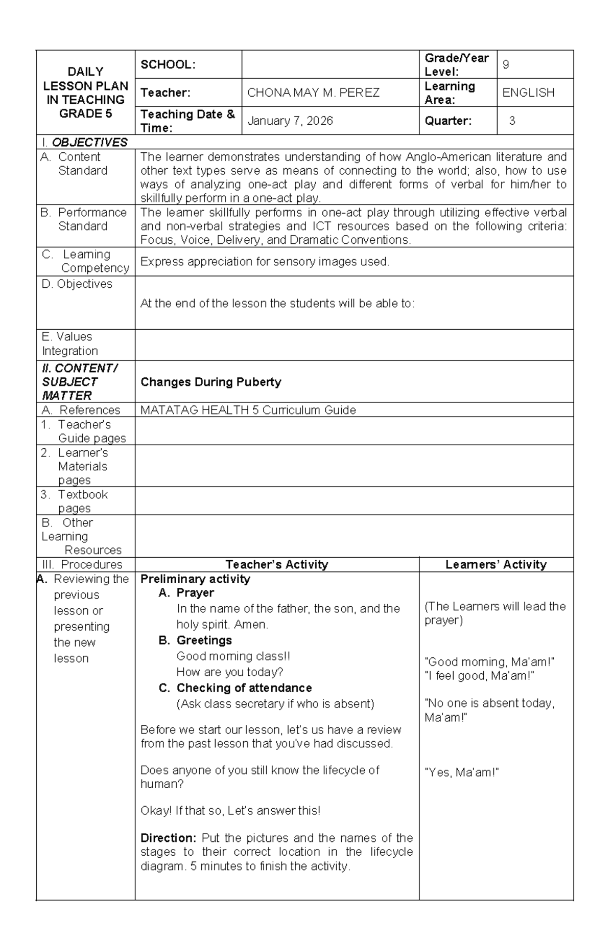 DAILY LESSON PLAN: PUBERTY CHANGES IN GRADE 5 (ENGLISH 3) - Studocu