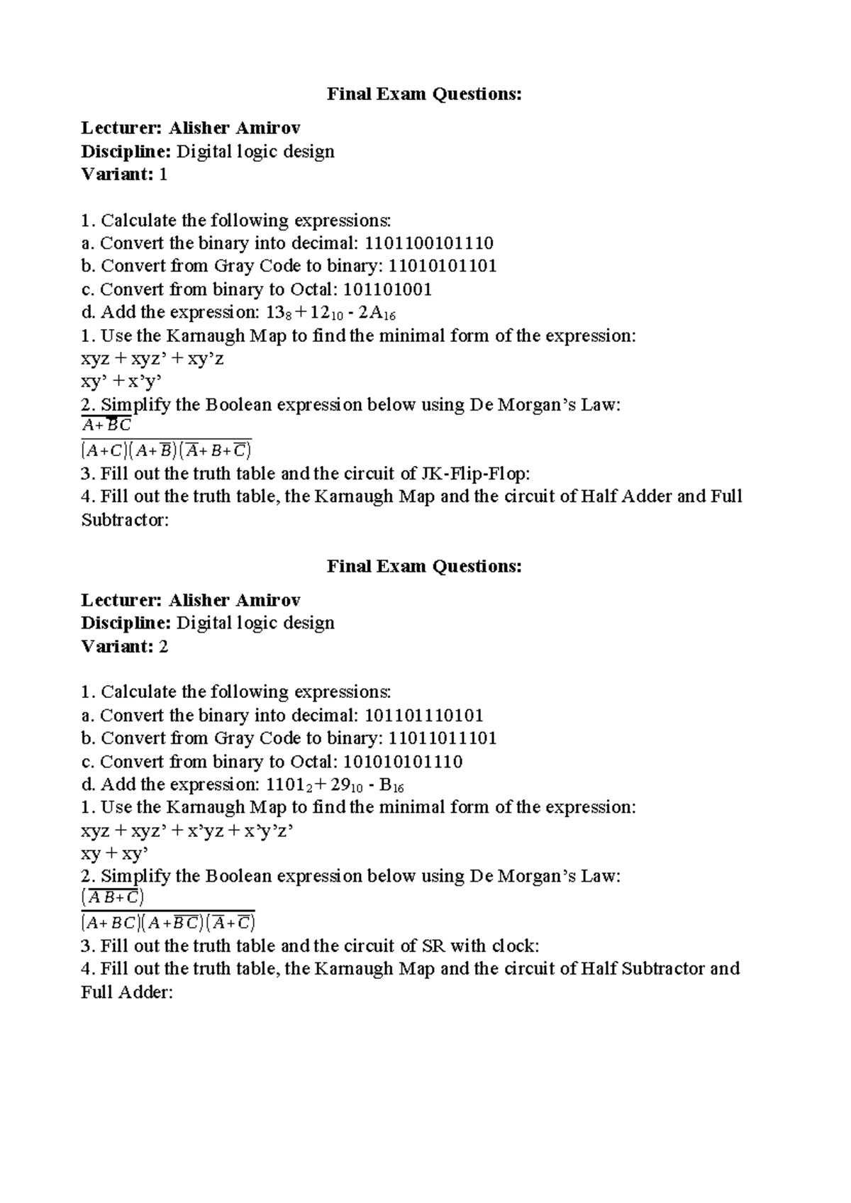 Final Exam Questions: Digital Logic Design (DHDB) - Studocu
