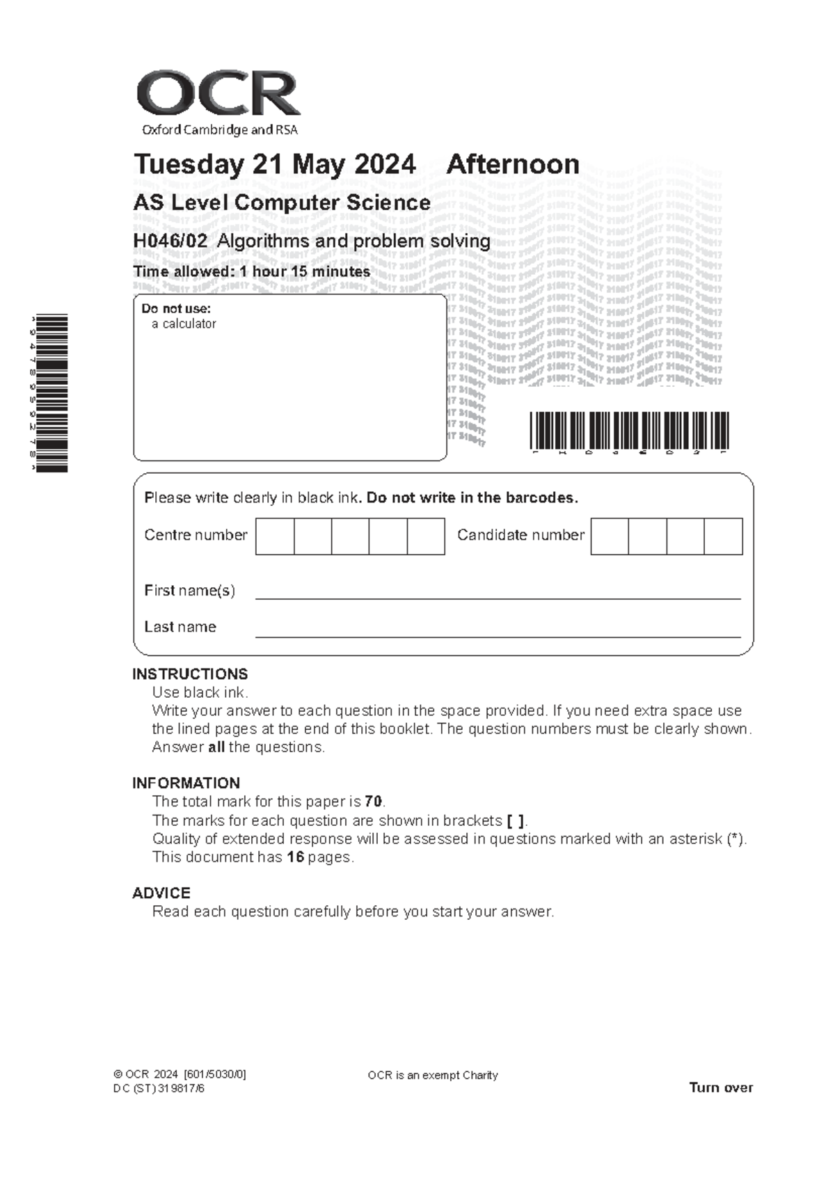 AS Level Computer Science H046/02 Exam Paper - Algorithms & Problem ...