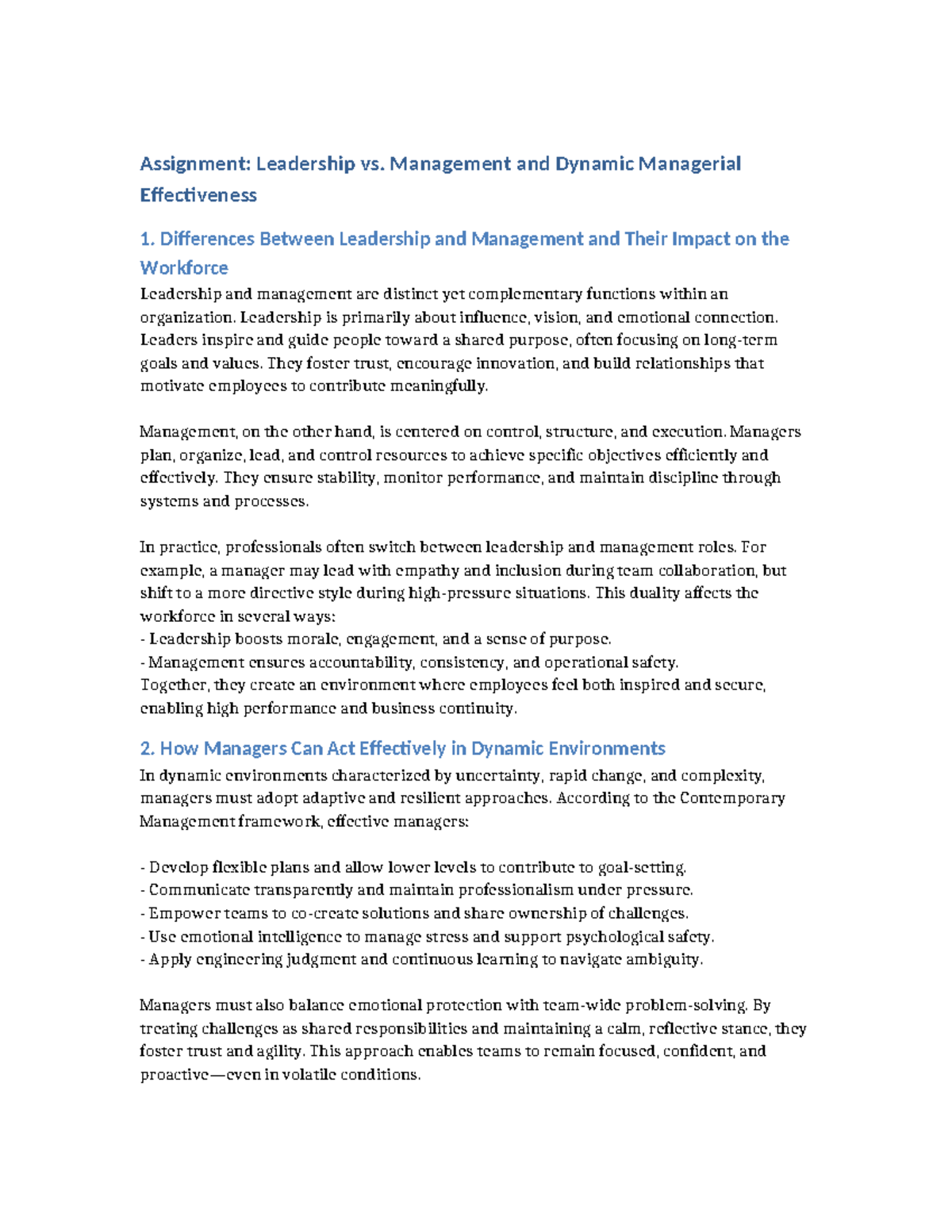 Assignment: Leadership vs. Management in Dynamic Environments - Studocu