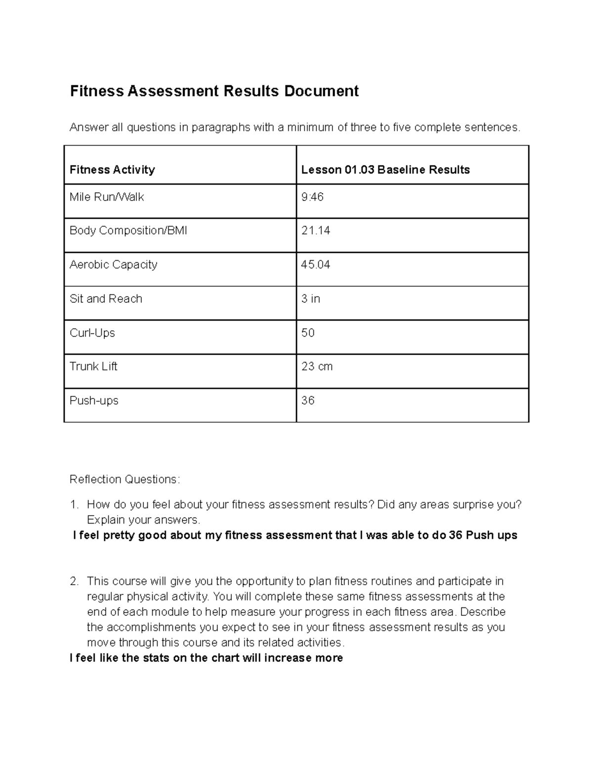 Fitness Assessment Results & Reflections for Hope - Lesson 01.03 - Studocu
