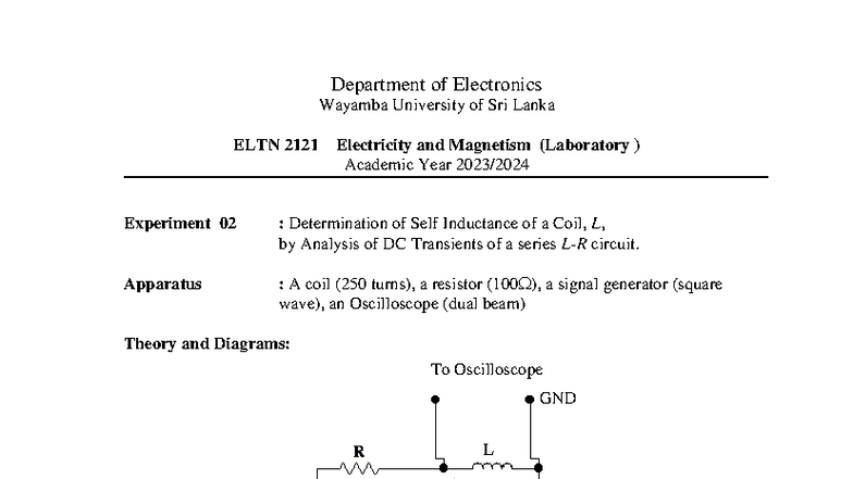ELTN 2121 Lab Experiment 02: Self Inductance & DC Transients Analysis ...
