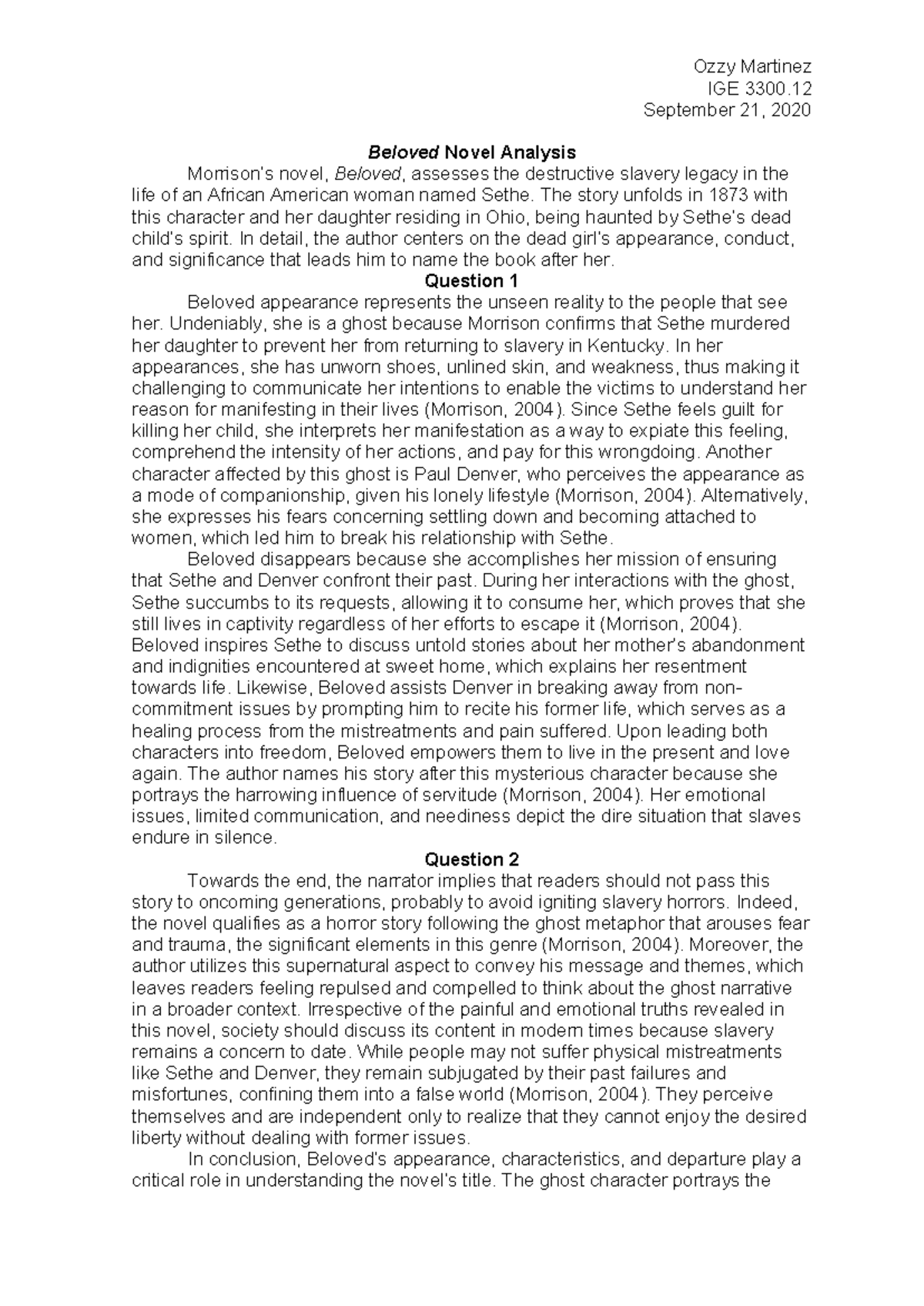 Beloved Novel Analysis: Insights and Themes - IGE 3300.12 - Studocu