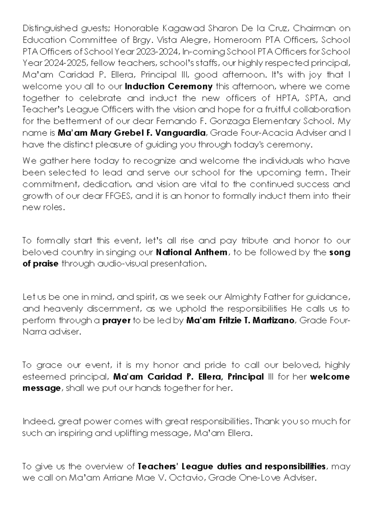 Induction Ceremony Script for HPTA & SPTA Officers 2023-2025 - Studocu