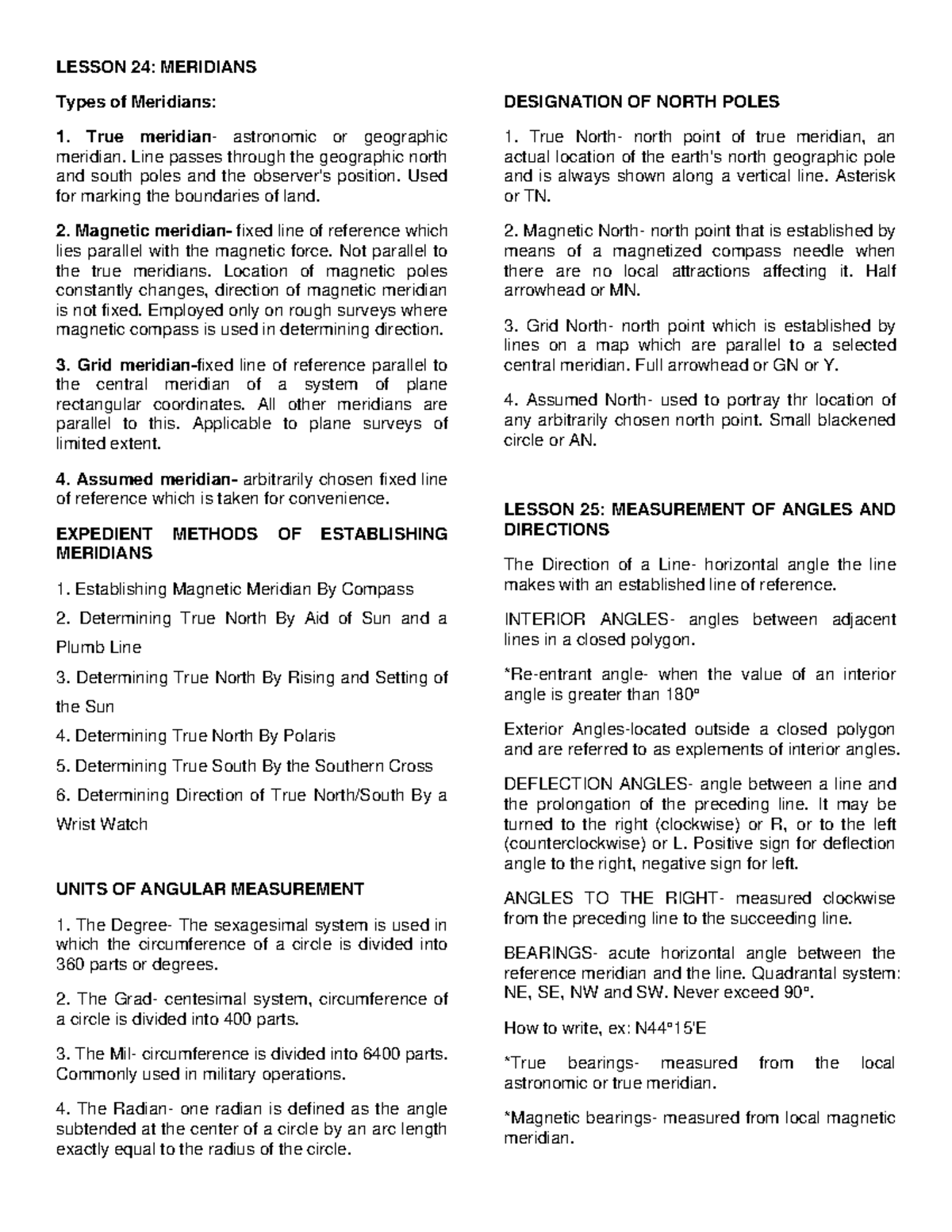 Surveying Lesson 24: Meridians and Angular Measurement Summary - Studocu