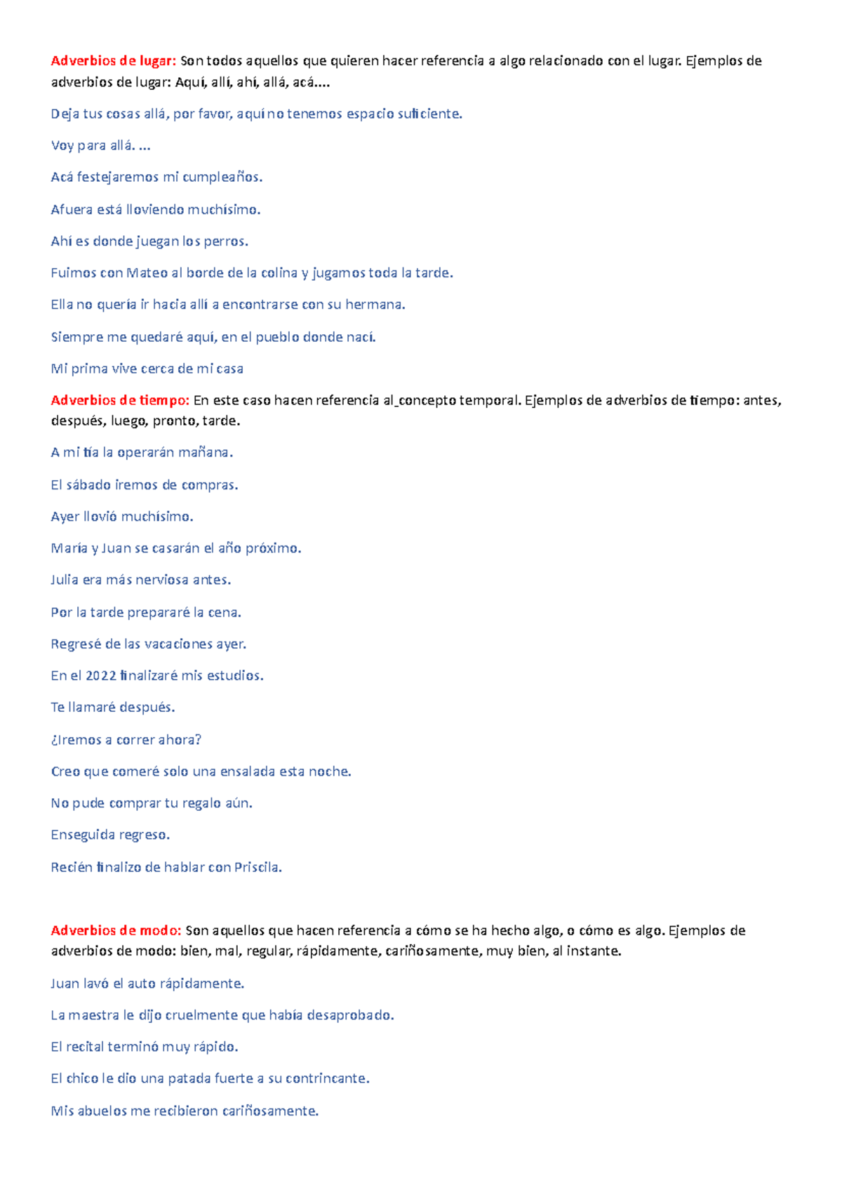 Adverbios de lugar, tiempo, modo y cantidad: Ejemplos y usos - Studocu