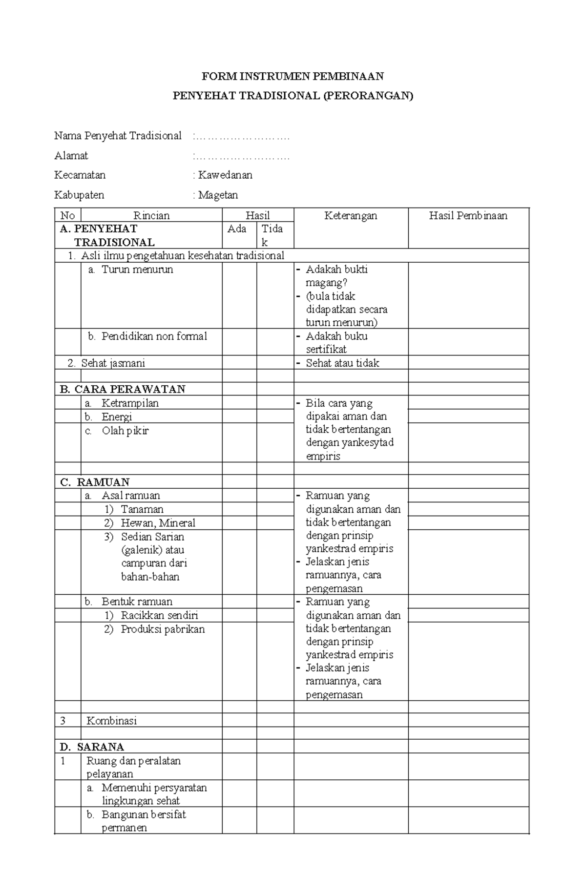 FORM Instrumen Pembinaan Penyehat Tradisional (Perorangan) - Studocu