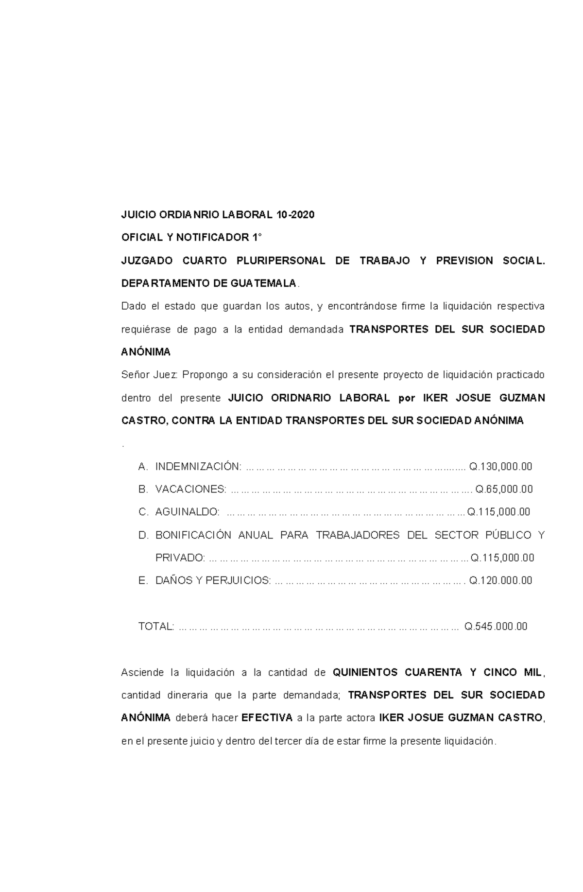 Memorial de Liquidación en Juicio Ordinario Laboral - IKER JOSUE GUZMAN ...