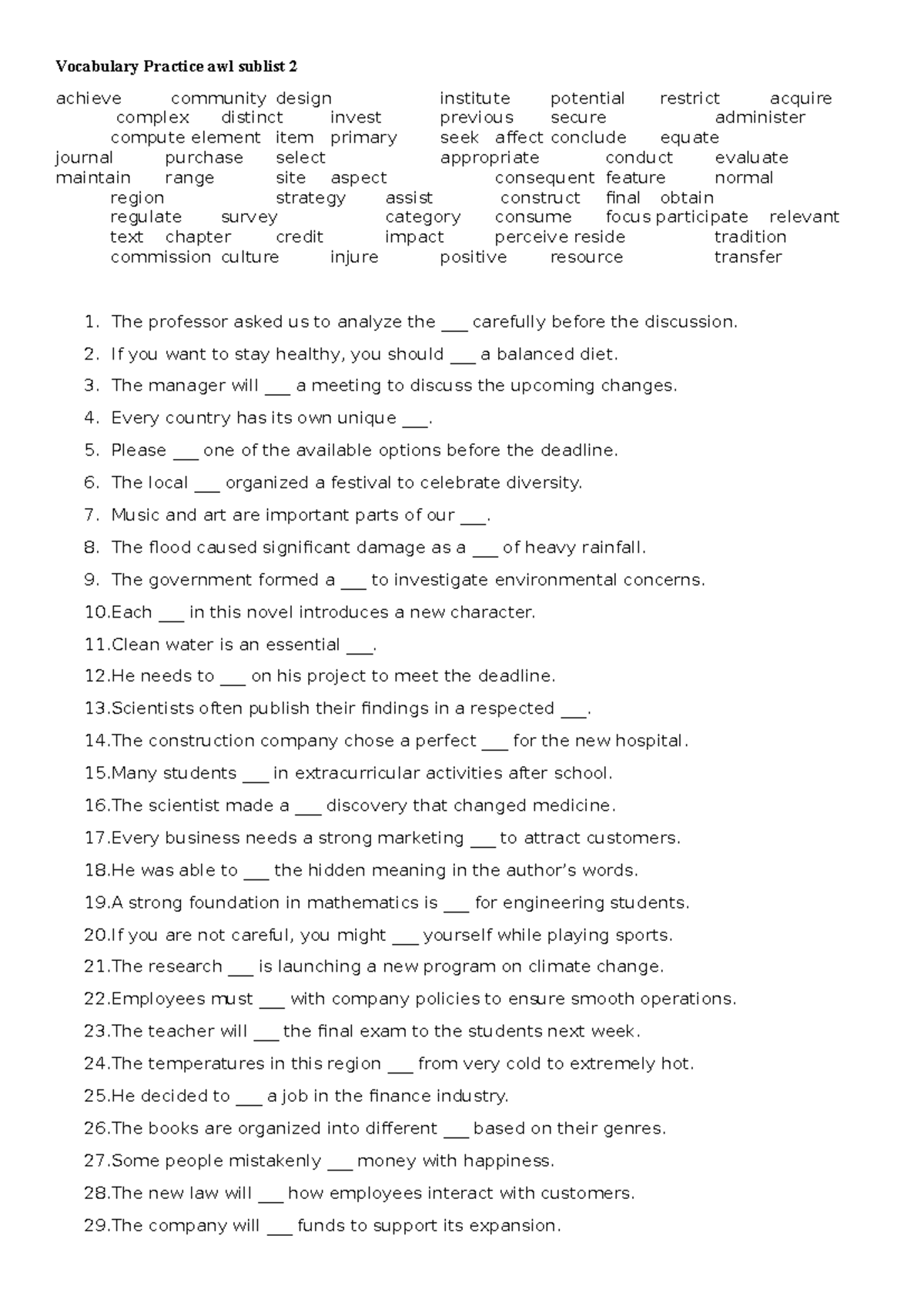Vocabulary Practice awl sublist 2 - If you want to stay healthy, you ...